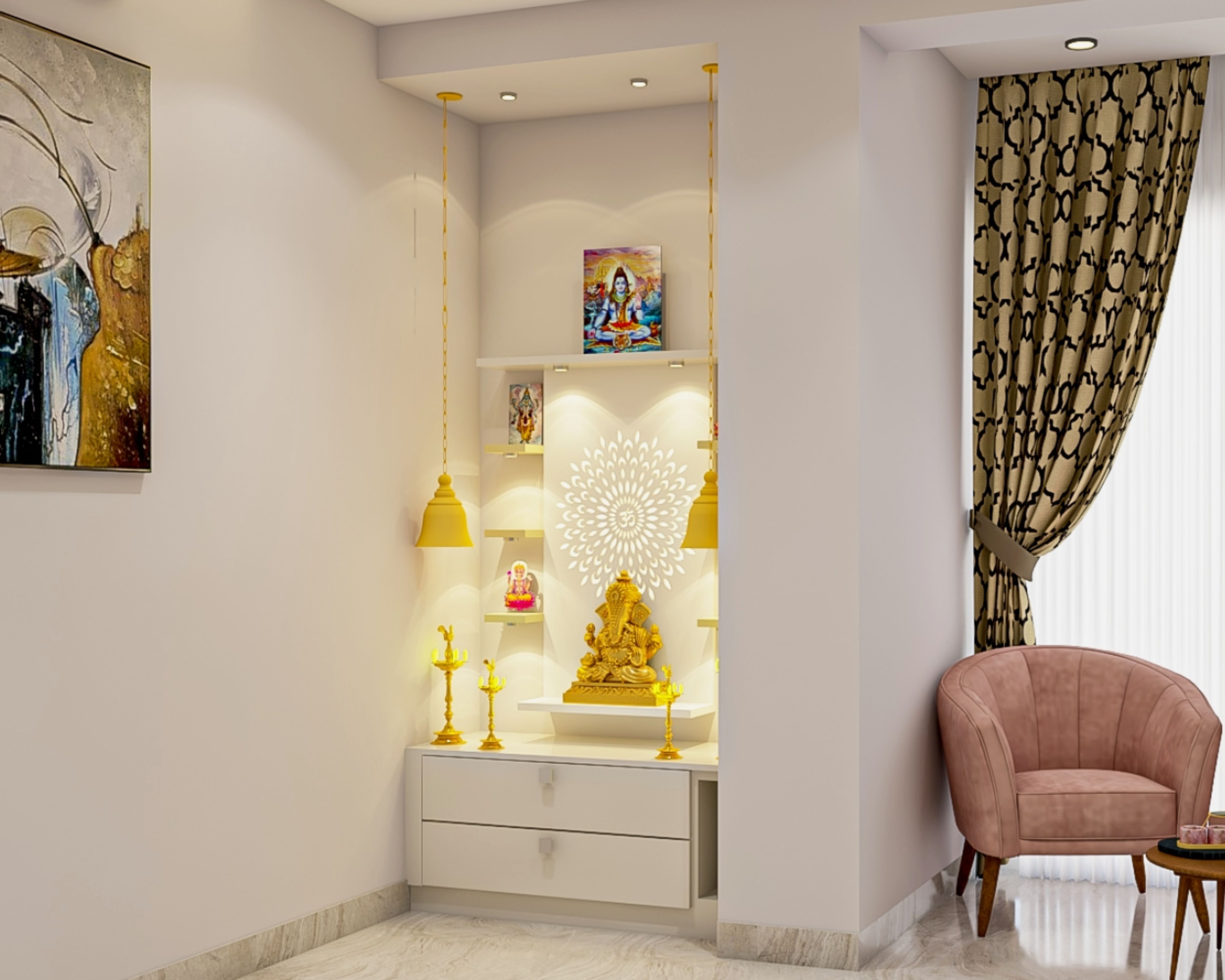 Frosty White Mandir Unit Design With Drawer Storage And Wall Ledges ...