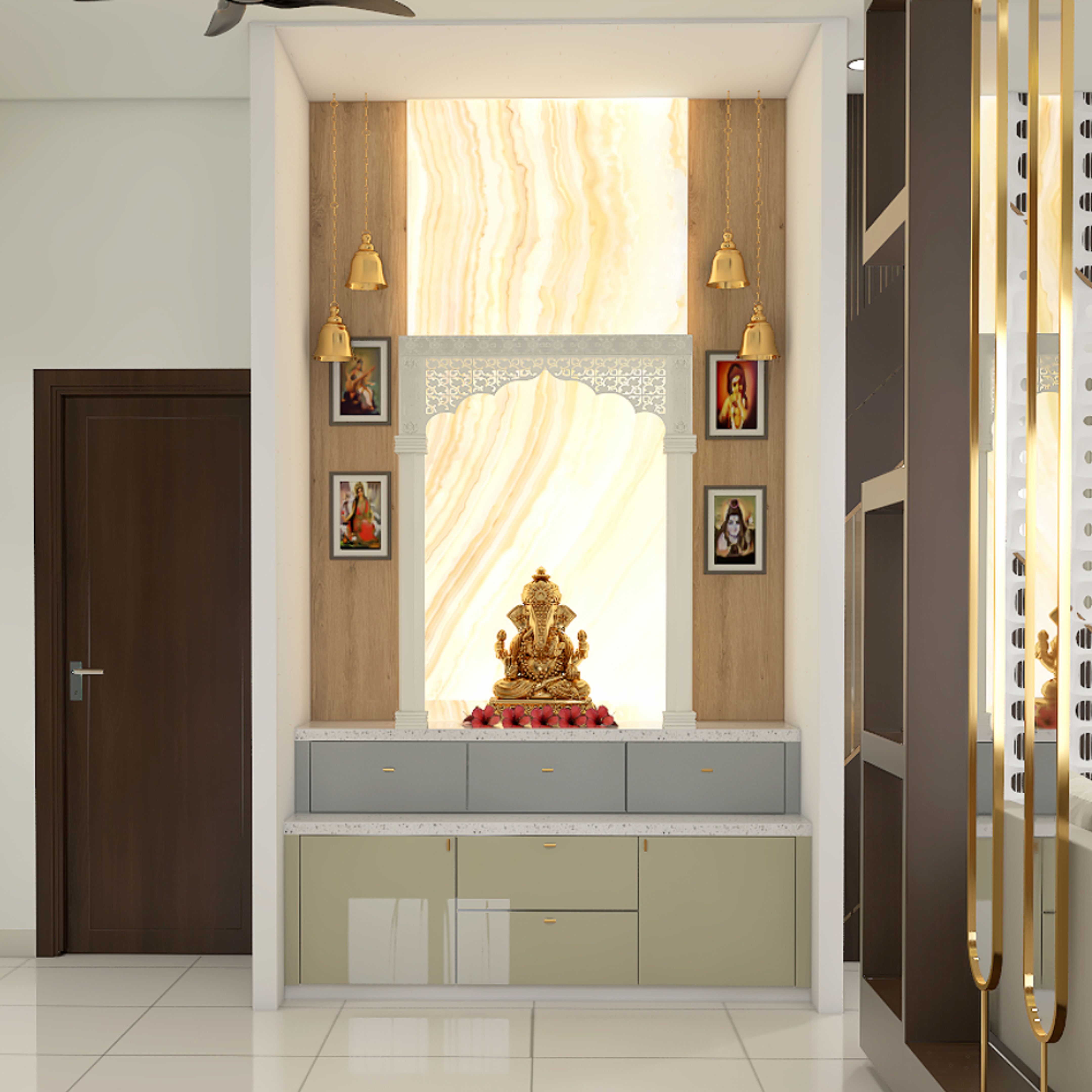 Grey And Silver Floor-Mounted Mandir Unit Wth Glossy Drawer Storage ...