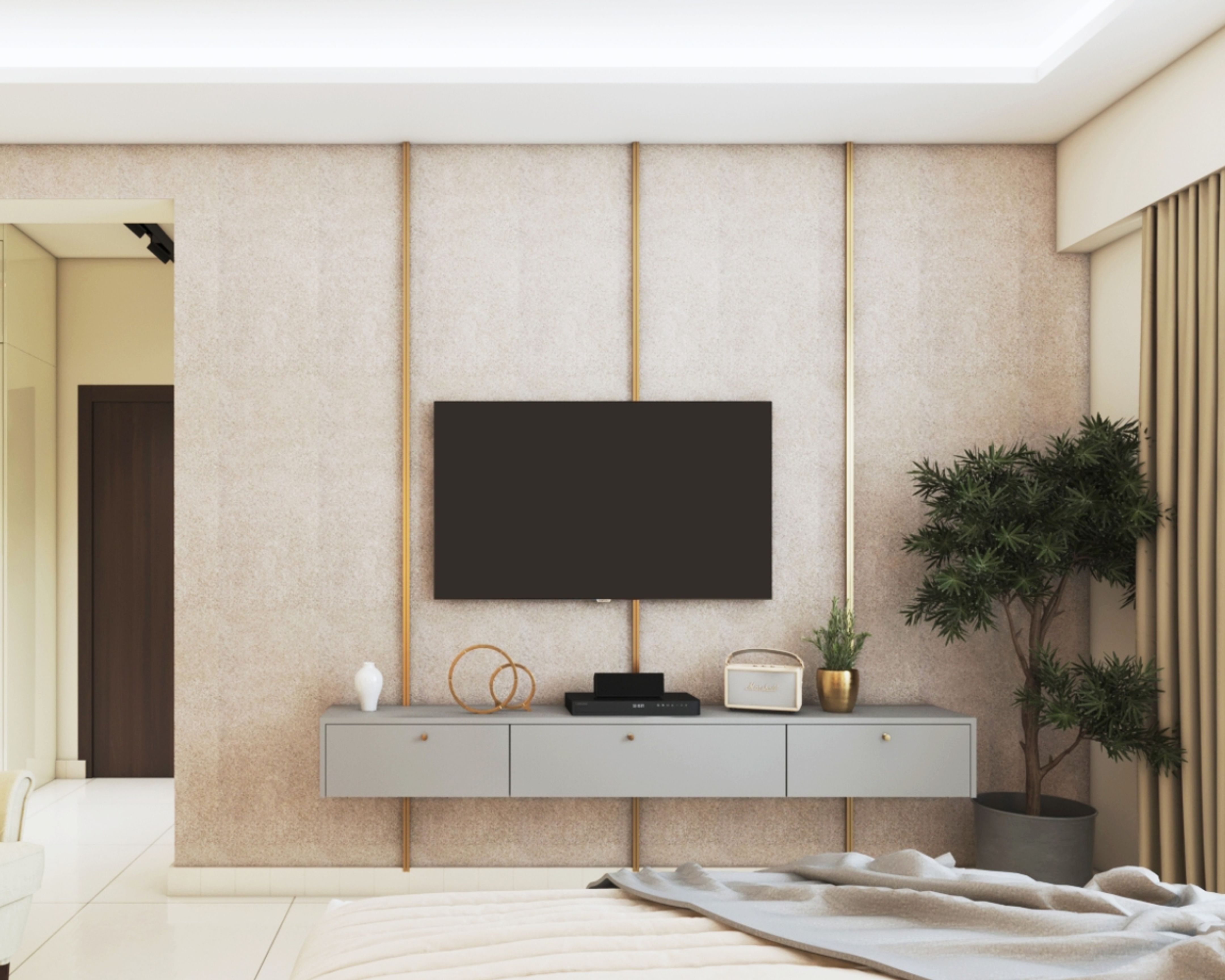 Compact Grey TV Unit Design Against Light Pink Textured Wall And Gold ...