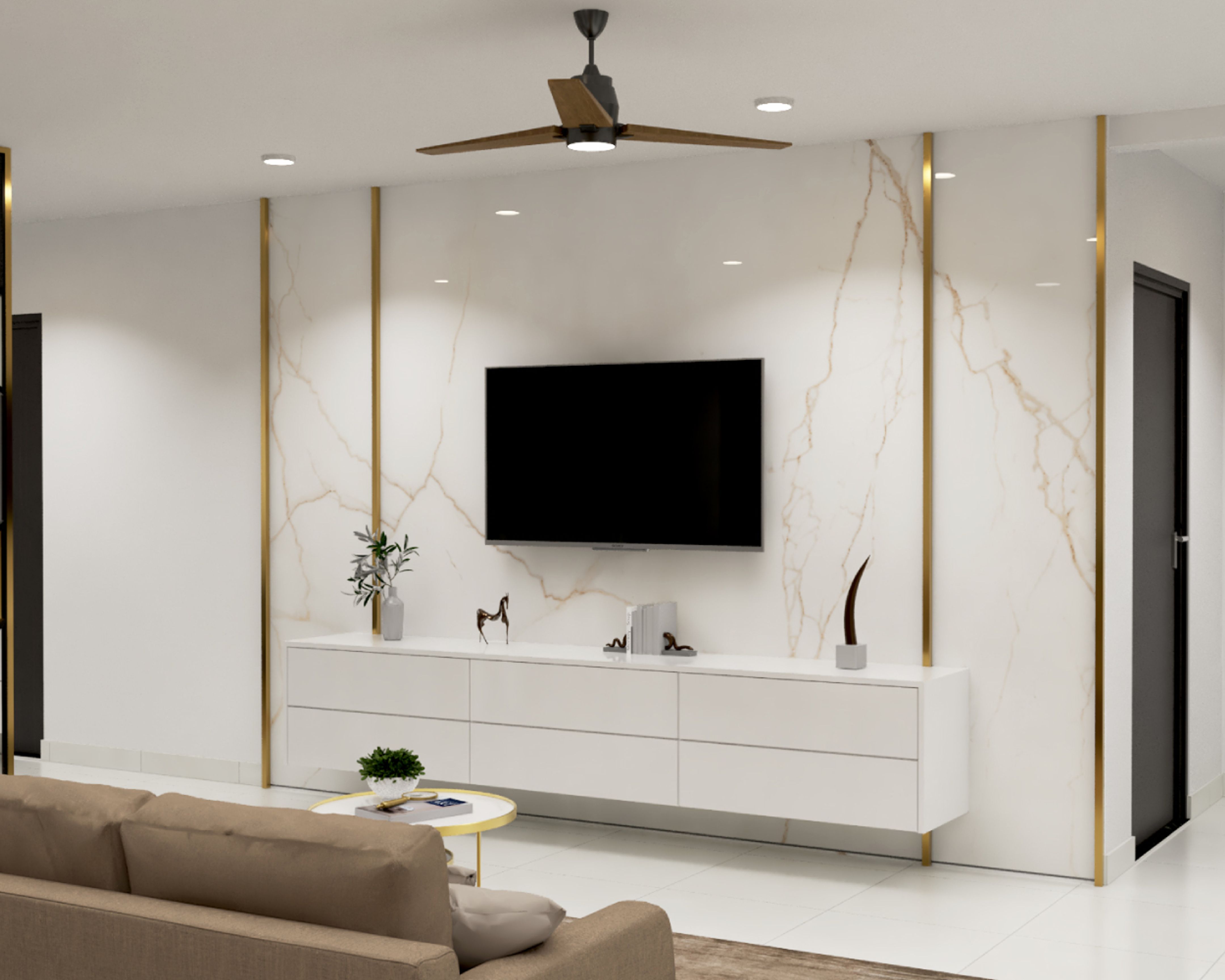 Contemporary White TV Unit Design With Glossy Marble Panel | Livspace