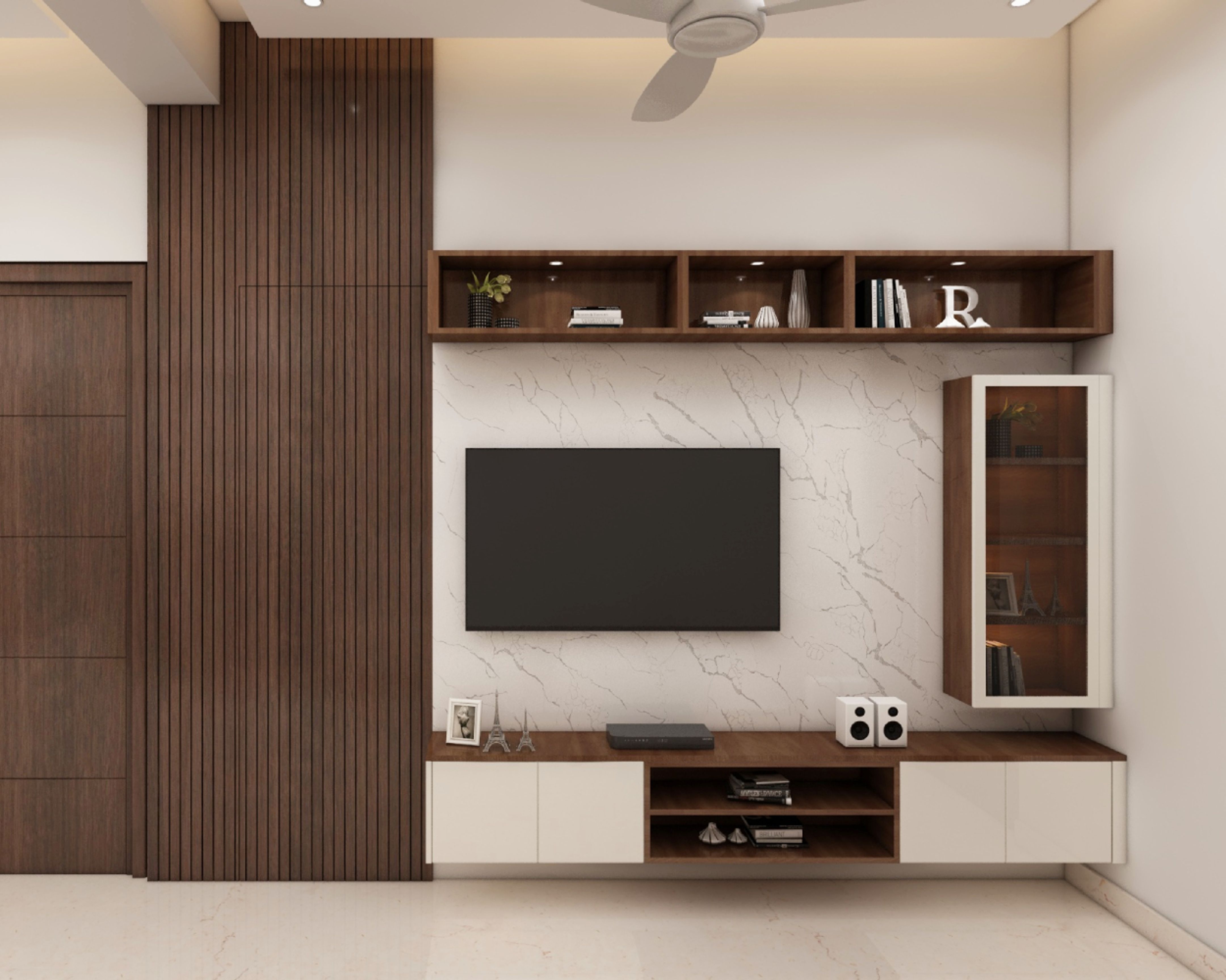 Brown And White Grooved TV Unit Design With Marble Backpanels And ...