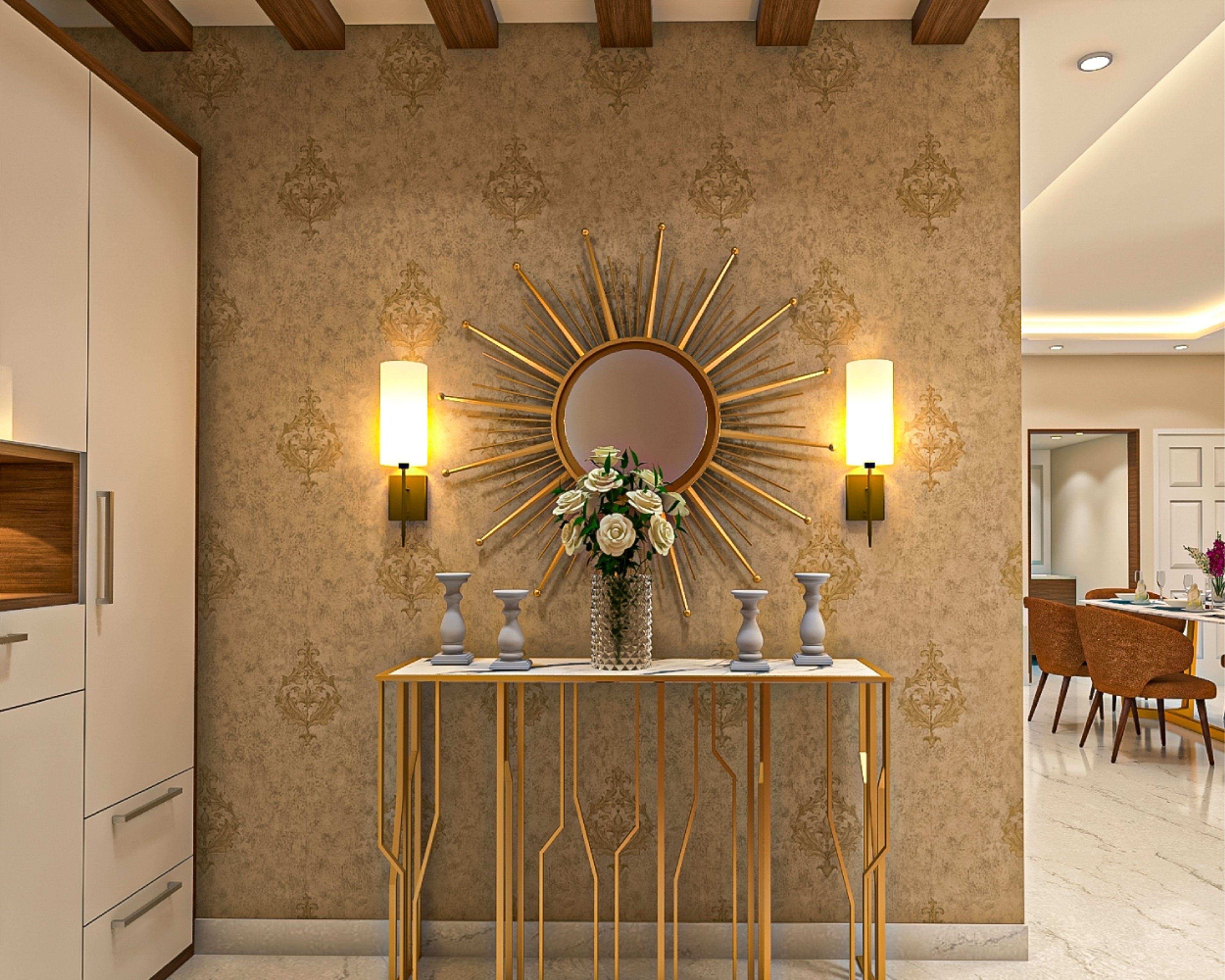 Dark Beige Damask Wallpaper Design For Foyers | Livspace