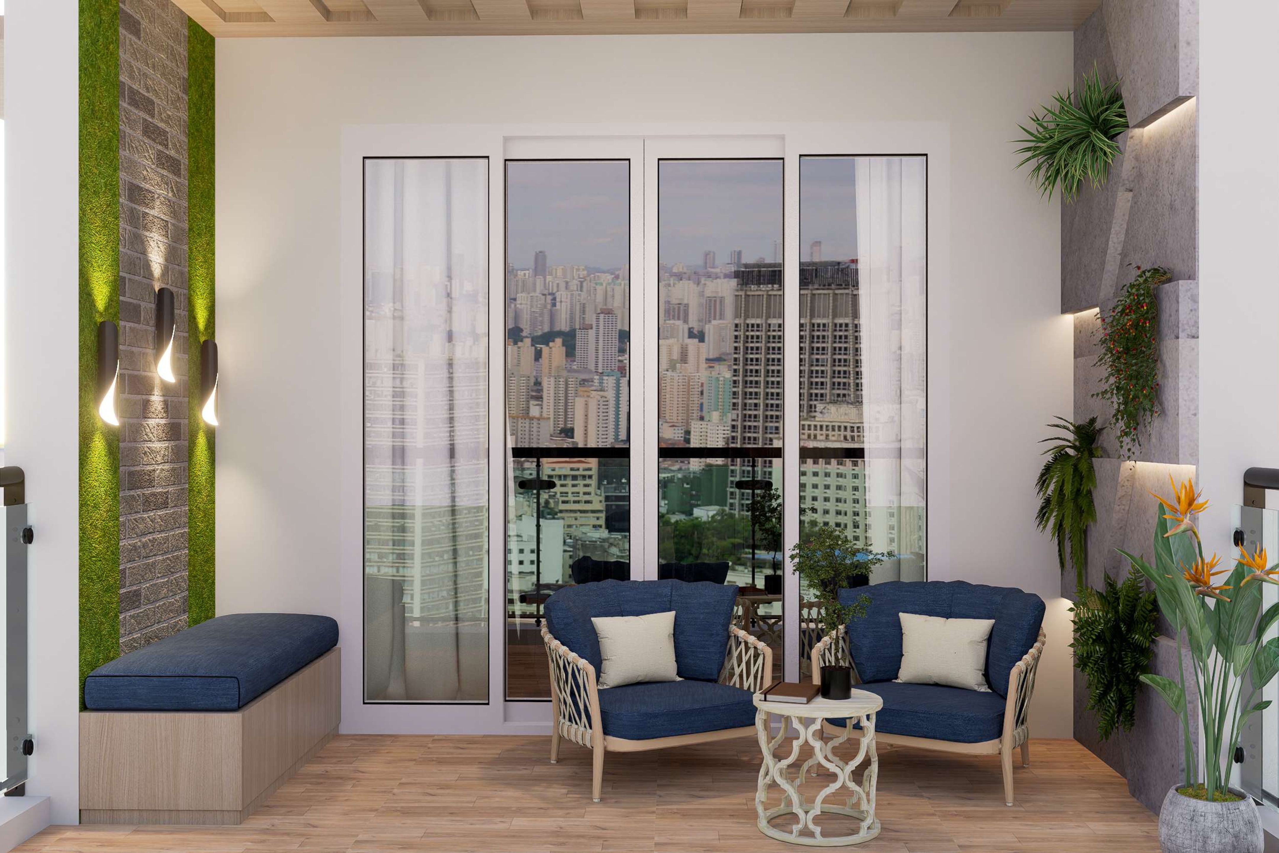 Spacious Blue And White Balcony Design | Livspace