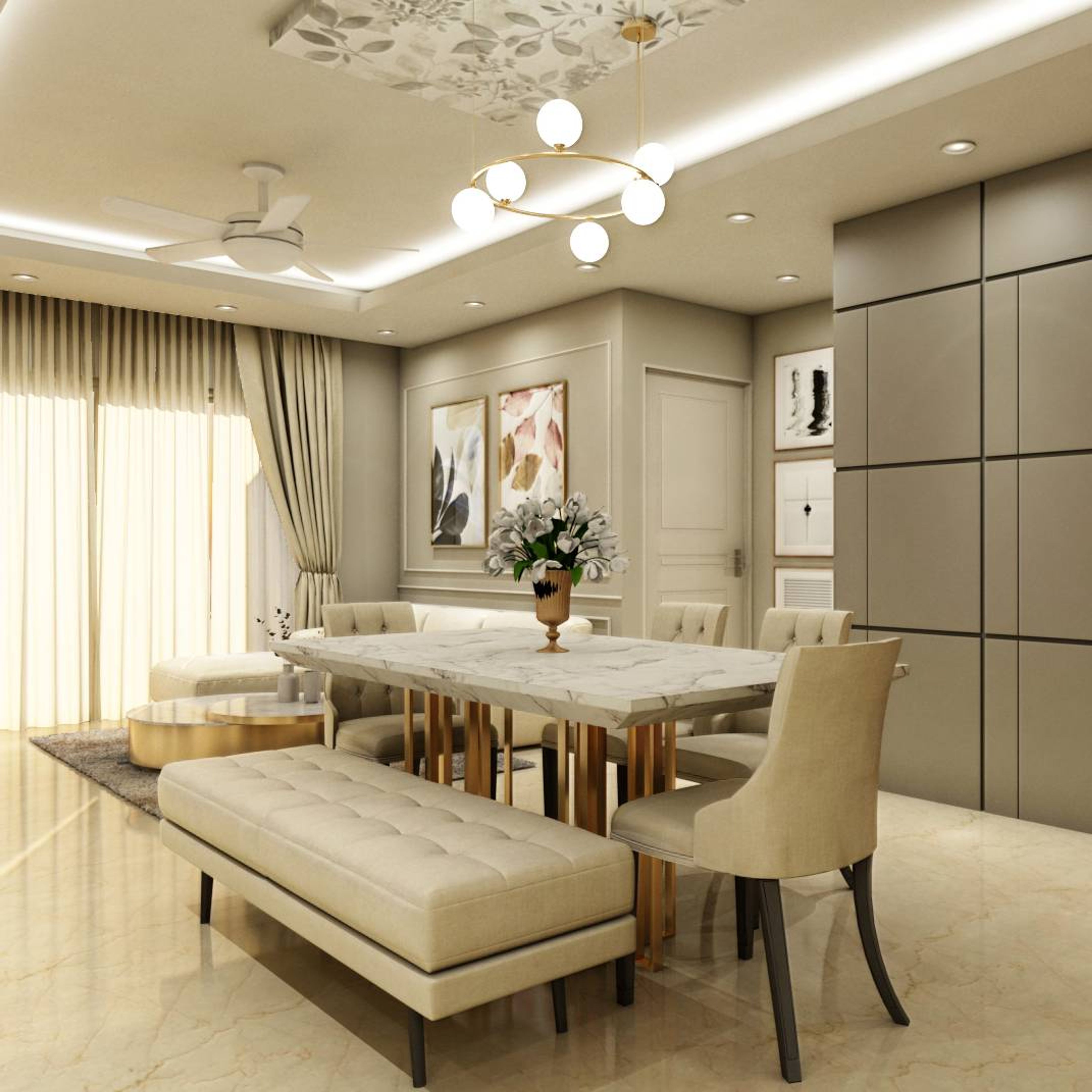 Spacious 6-Seater Dining Hall Design With A Chandelier | Livspace