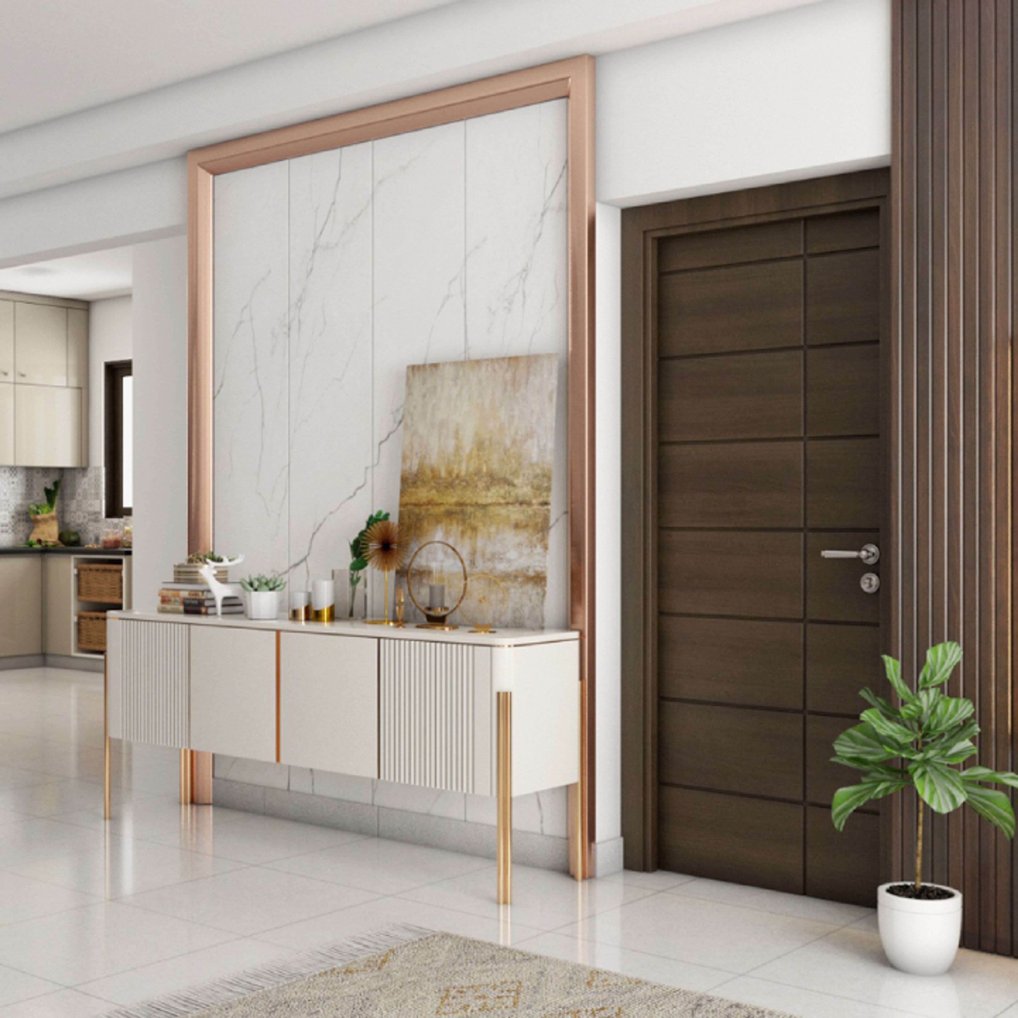 Spacious Foyer Design With Closed Storage Unit With Brass Legs | Livspace