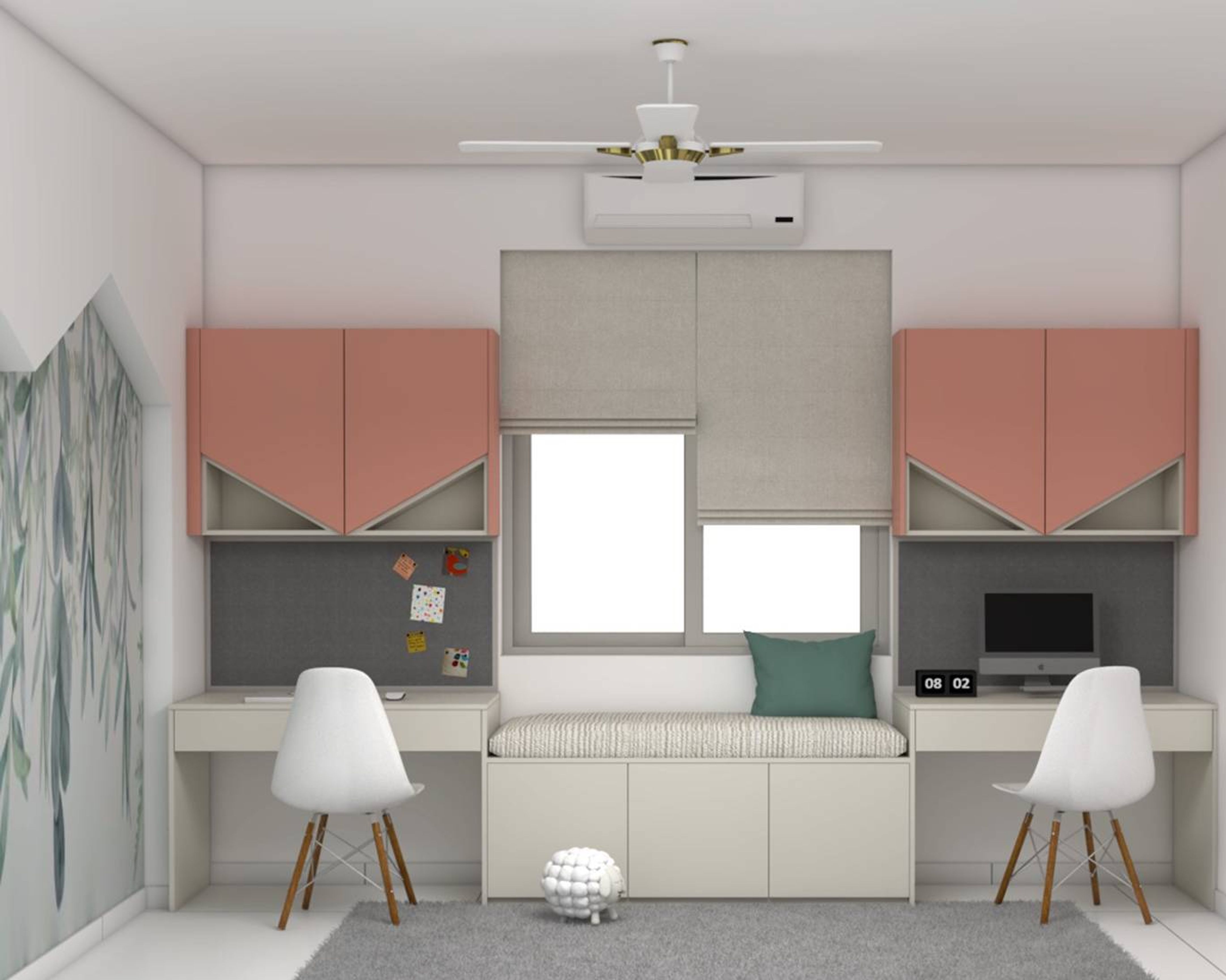 Compact Kid's Room Design With Twin Study And Storage | Livspace