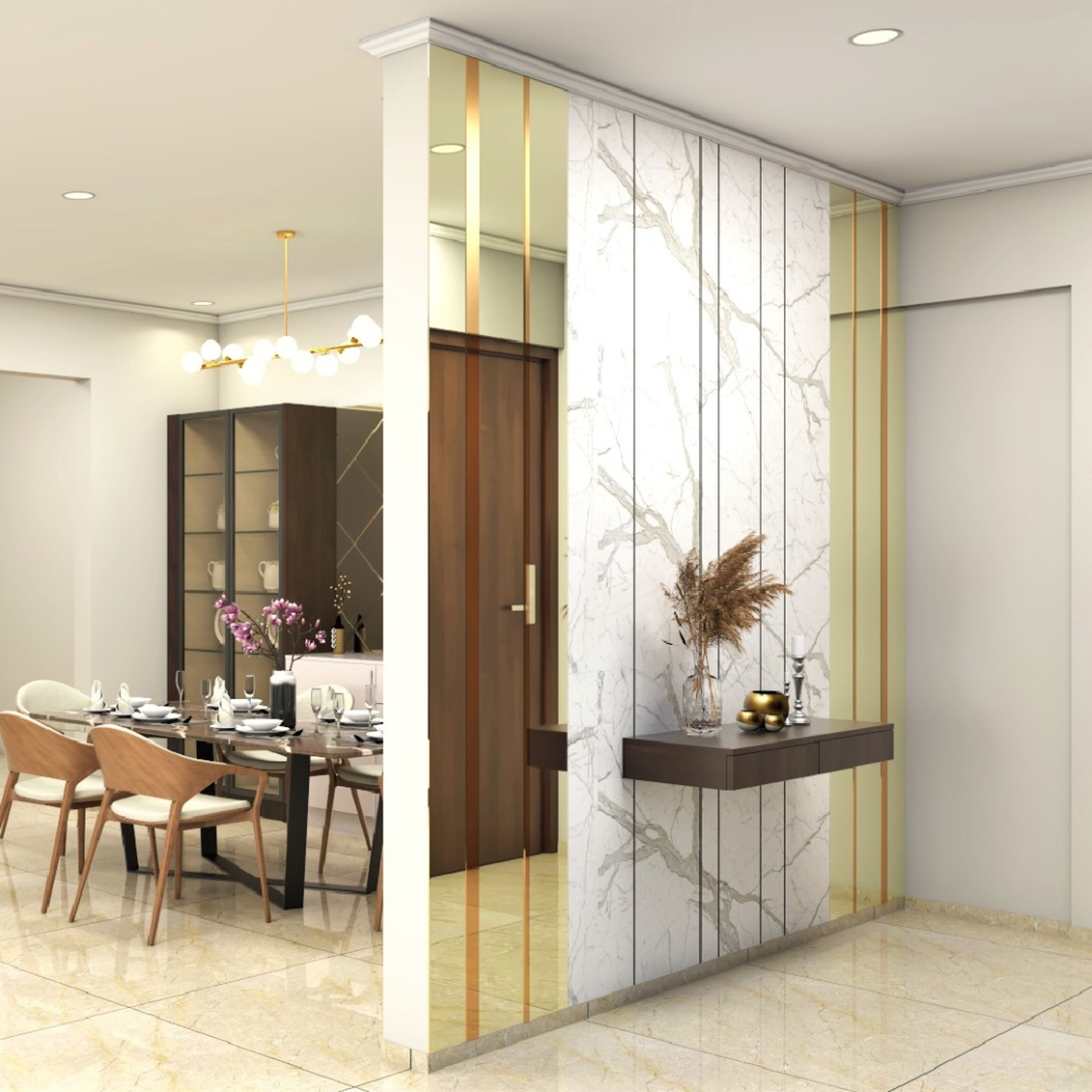 Compact Foyer Design With Tinted Mirror Panelling For The Accent Wall ...