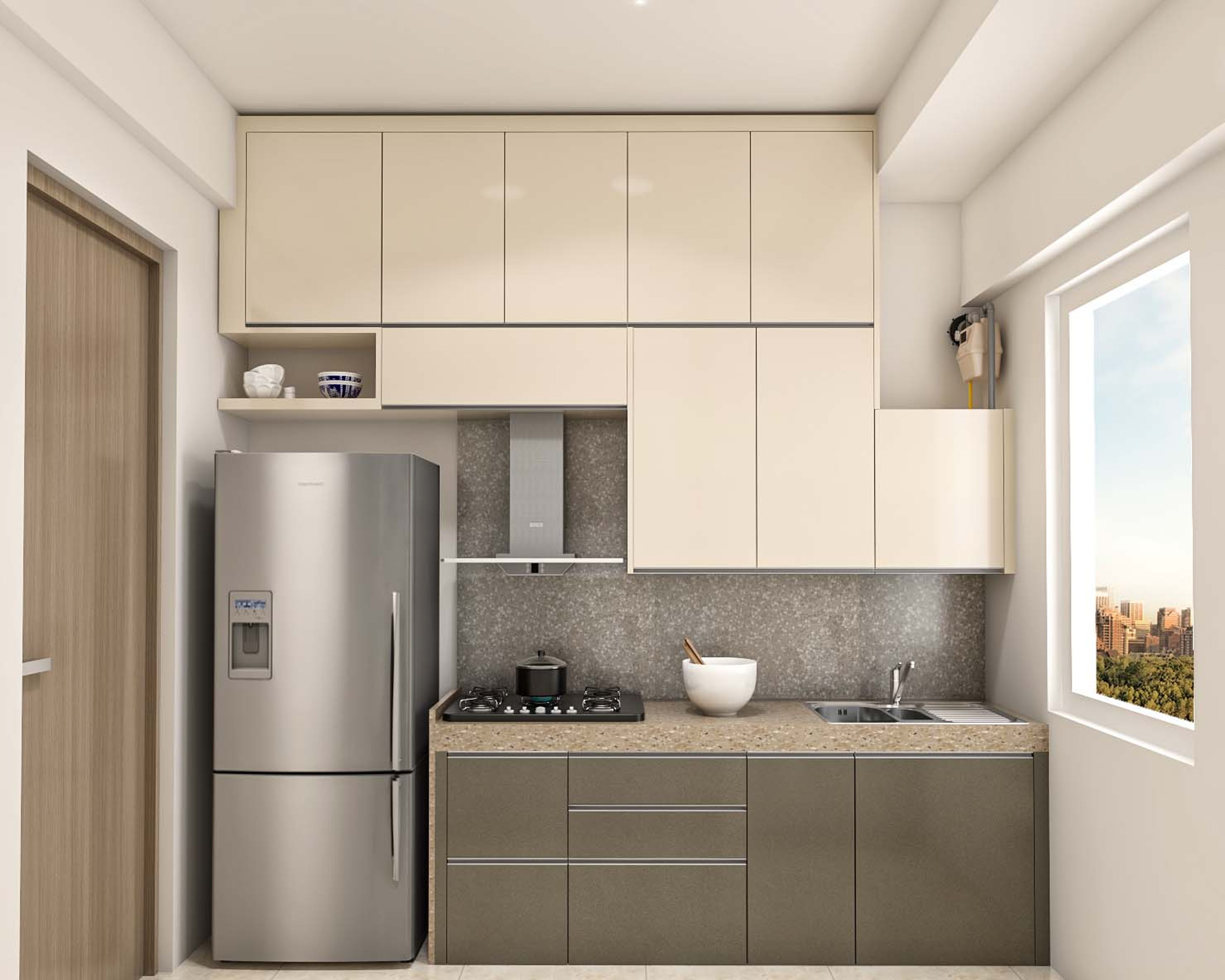 Beige And Cream Parallel Kitchen Design With Handleless Cabinets | Livspace