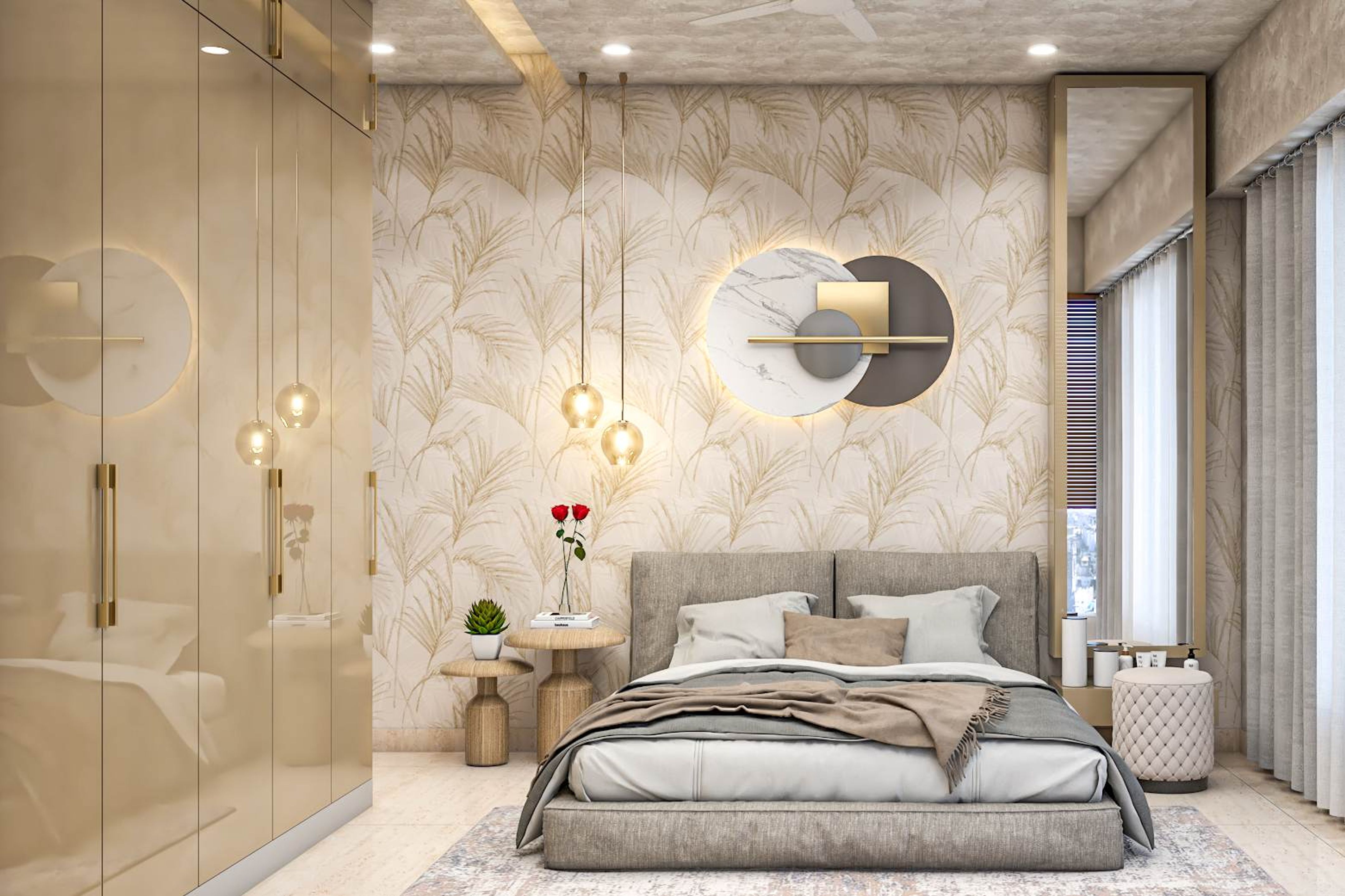 Spacious Bedroom Design With Beige Wallpaper And Hanging Lights | Livspace