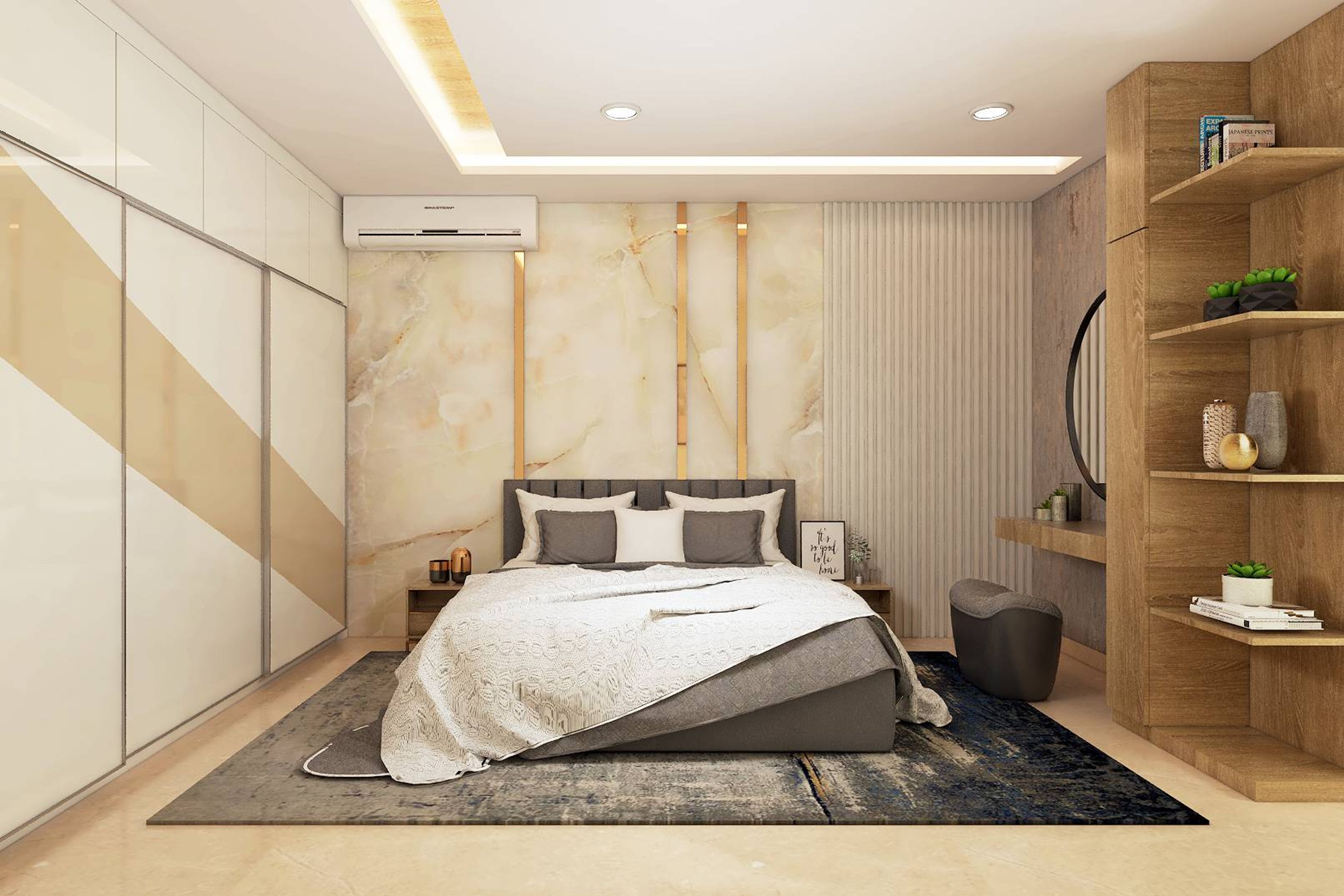 Spacious Master Bedroom Design With Grey Upholstered Bed | Livspace