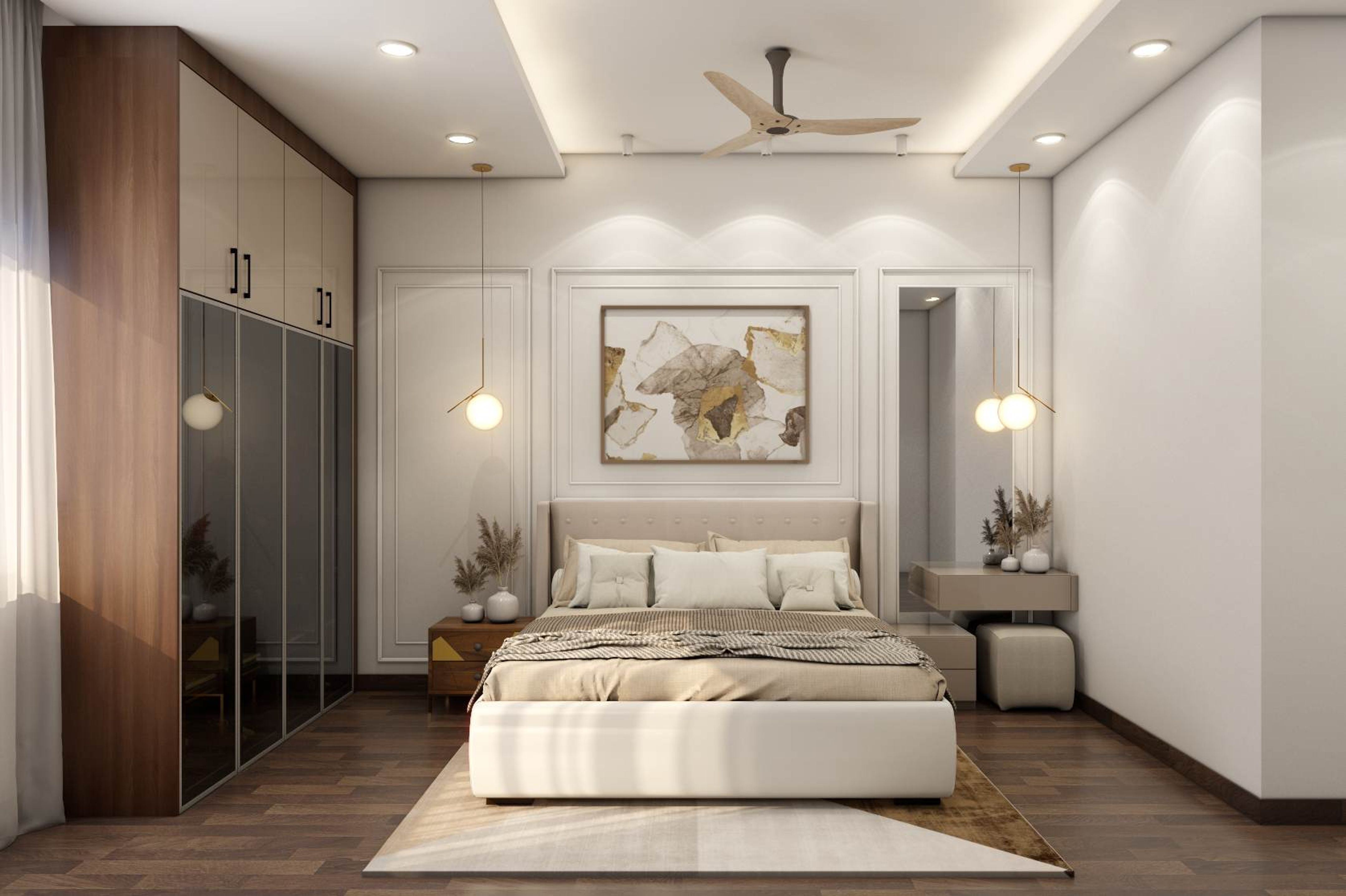Spacious Bedroom Design With A Floor-To-Ceiling Wardrobe And Dressing ...