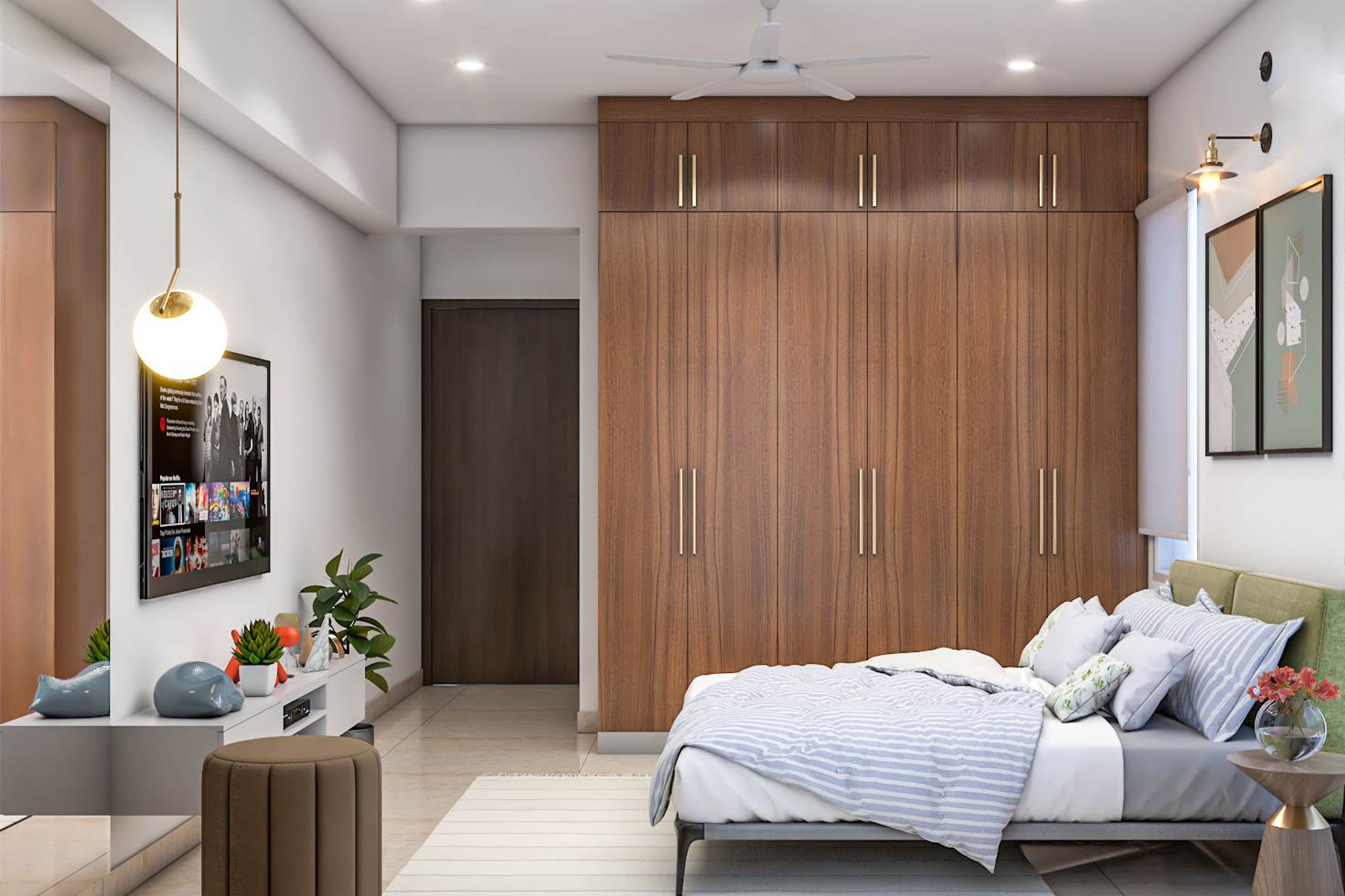 Spacious Bedroom Design With Wooden Side Tables And Wardrobe | Livspace