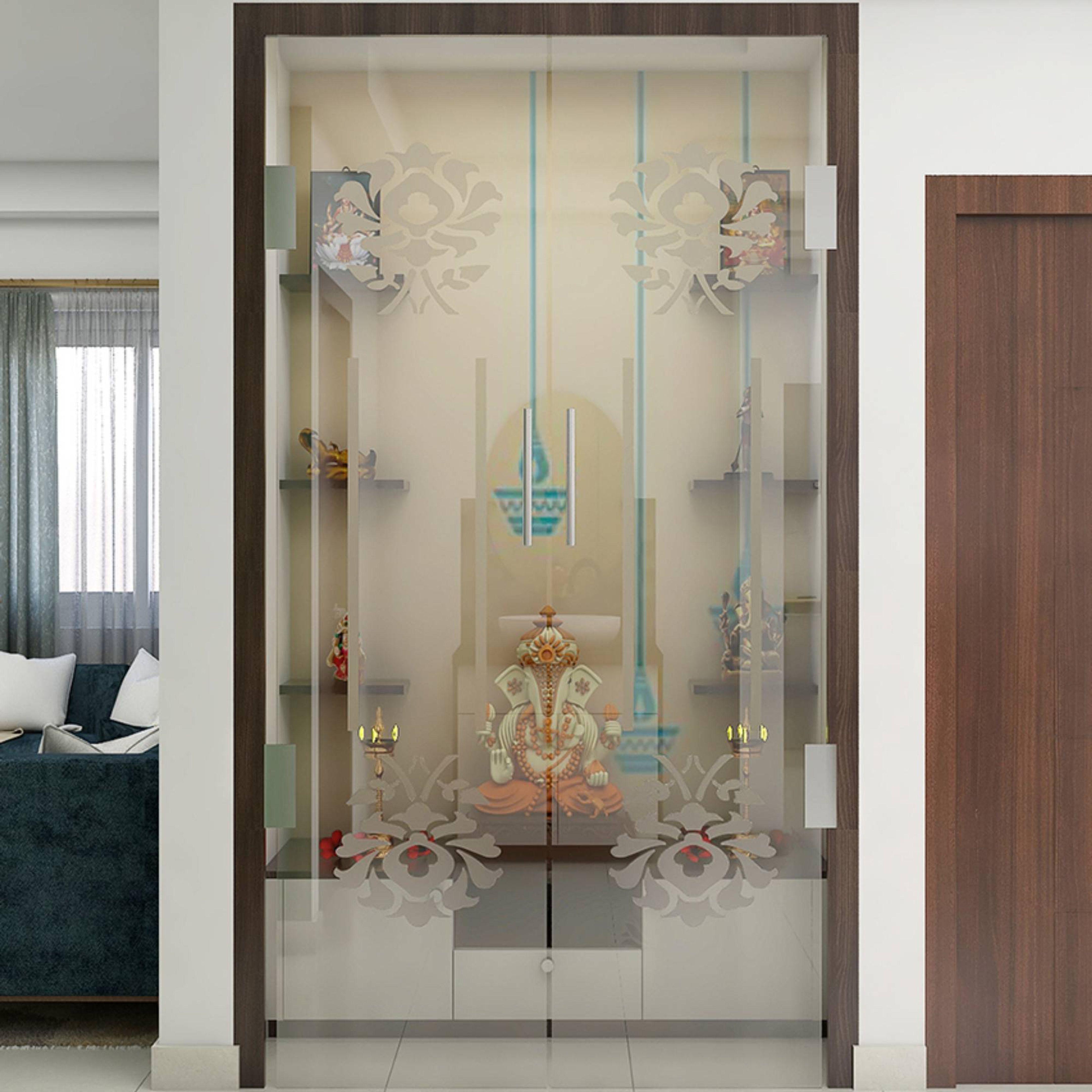 Spacious Mandir Design With Beige Wall Paint | Livspace