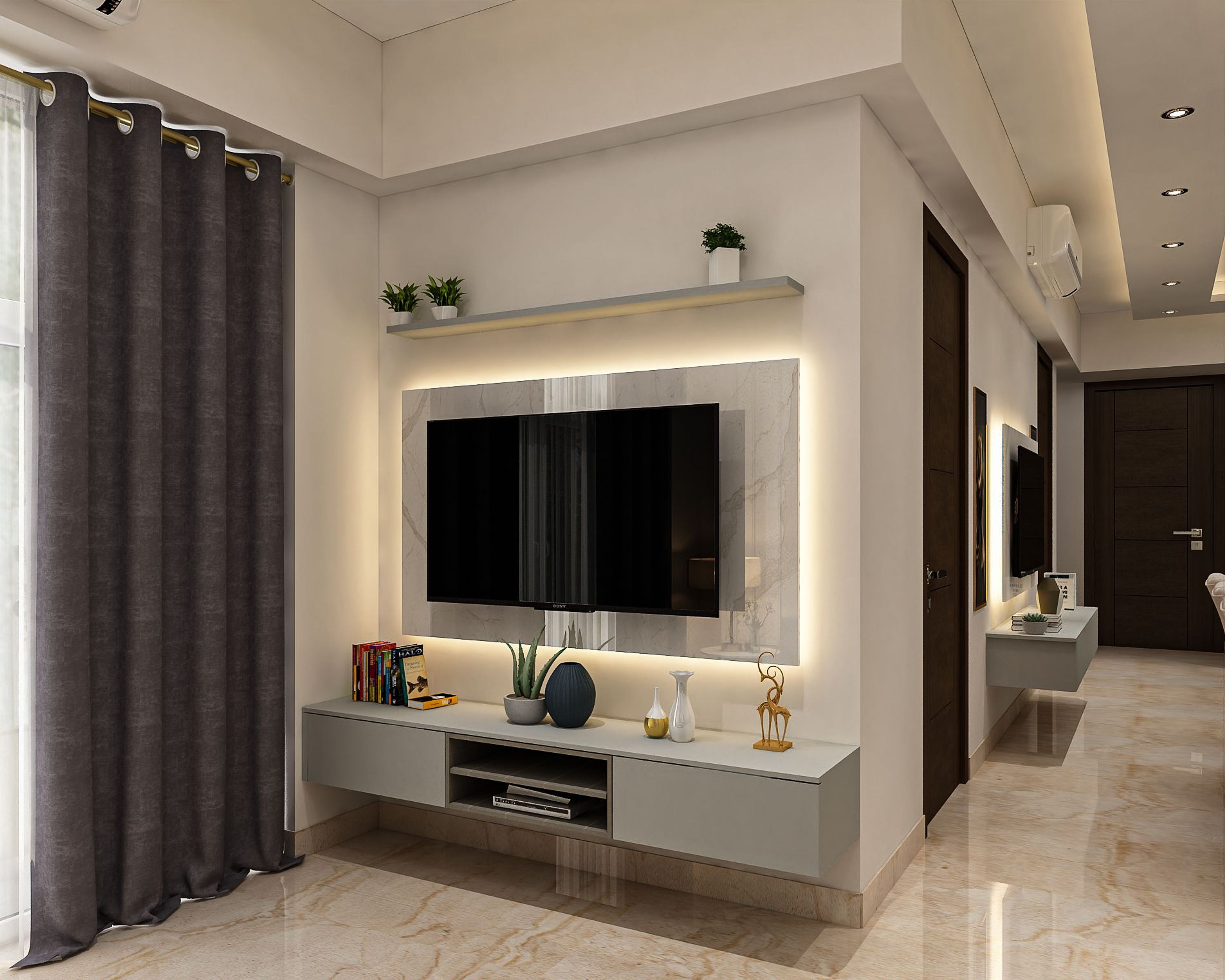 Modern TV Unit With Marble Wall Tiles | Livspace