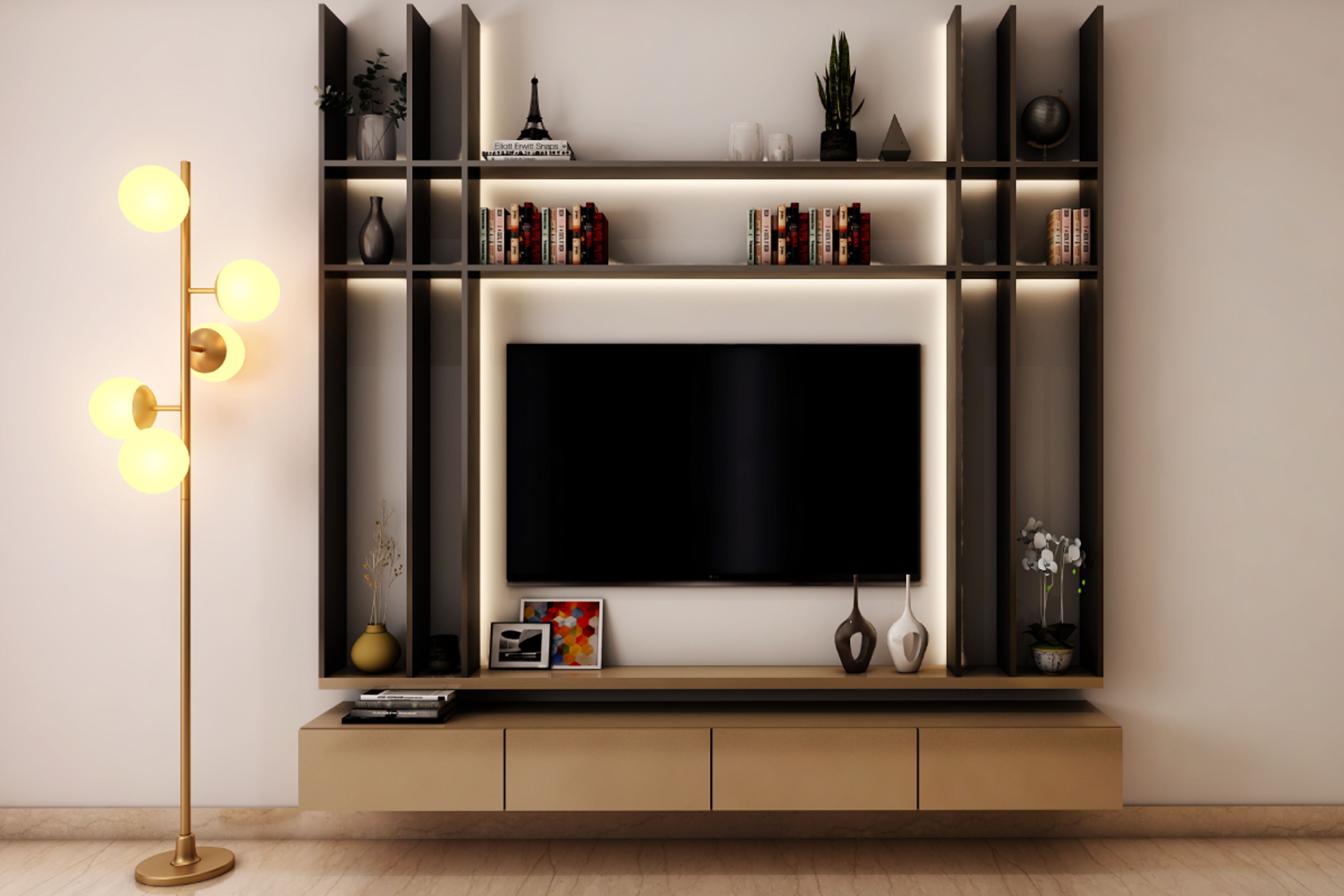 Compact TV Unit Design With Glossy Beige Pull Out Drawers | Livspace