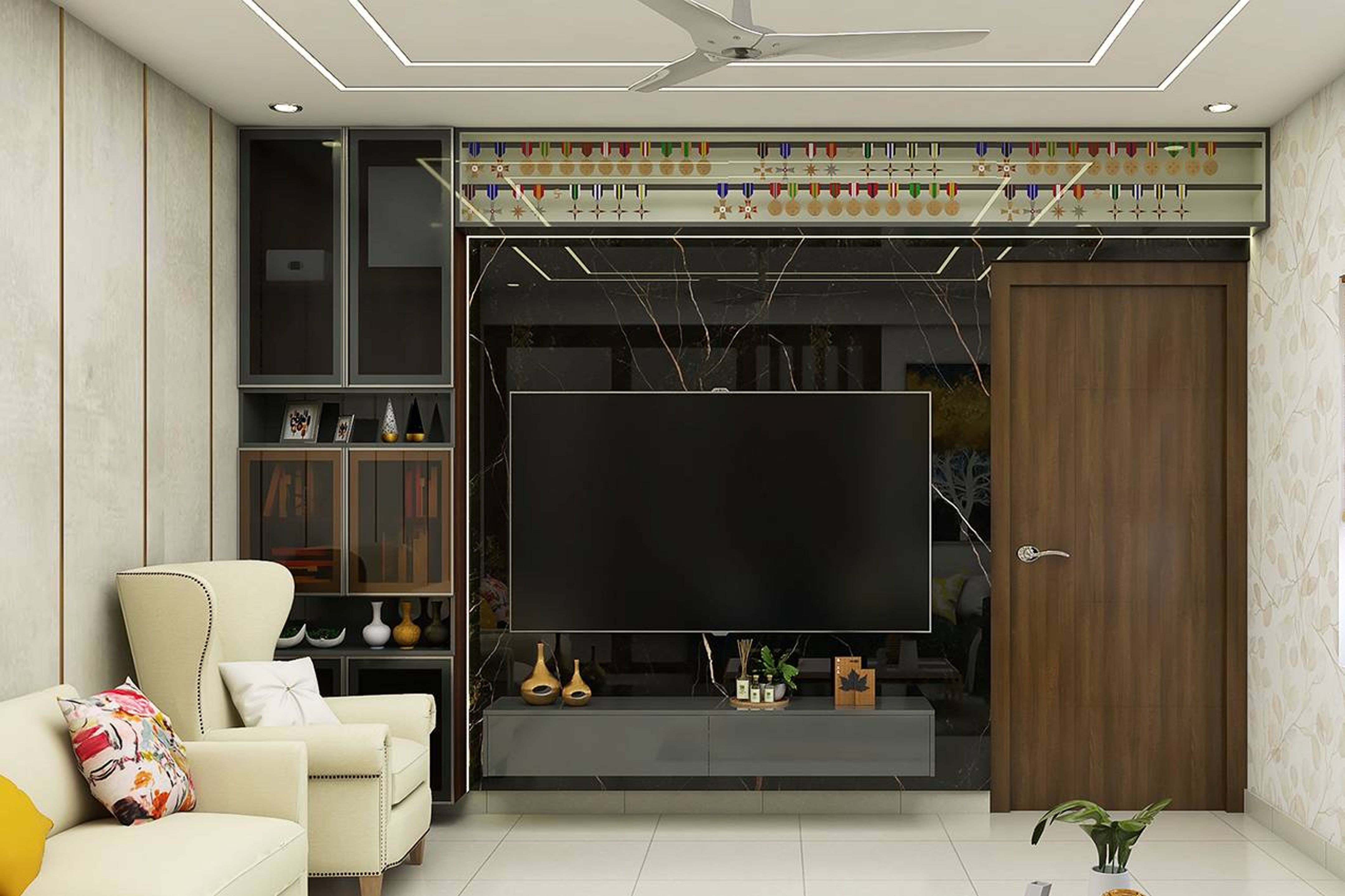 Spacious TV Unit Design With Glossy Glass Unit | Livspace