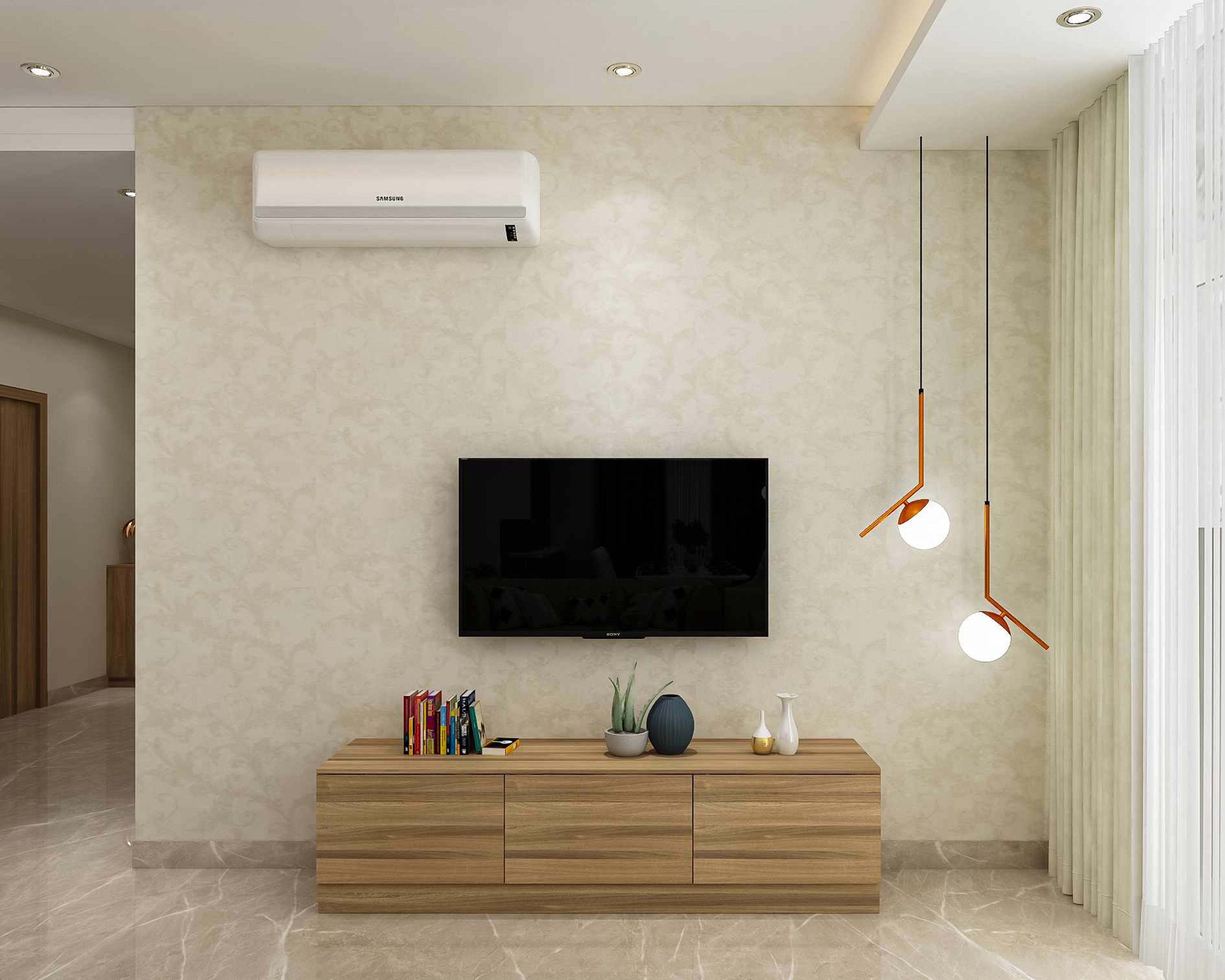 Minimal Glam TV Unit Design With Beige Textured Accent Wall - Livspace