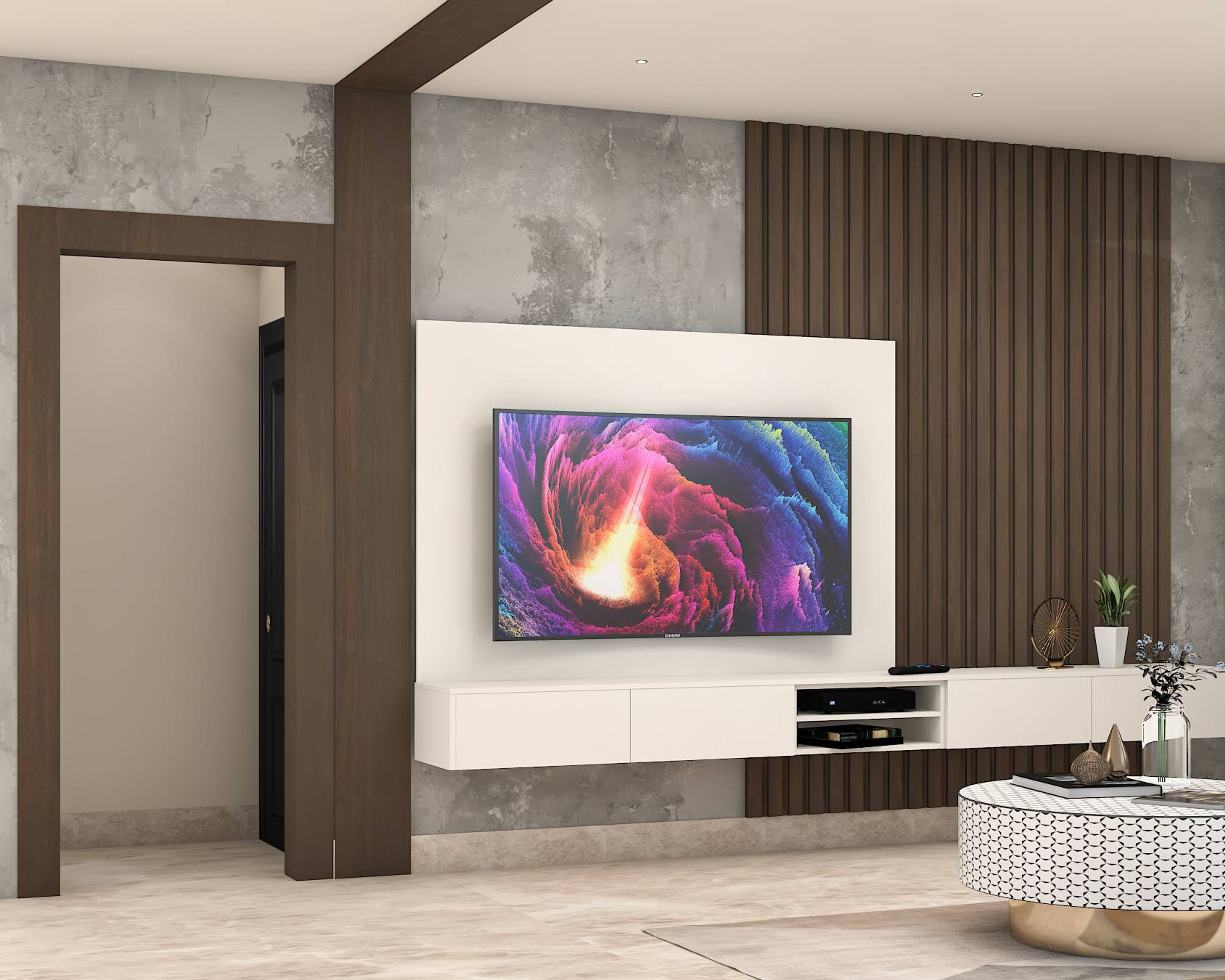 Compact TV Unit With Wall-Mounted Drawers | Livspace