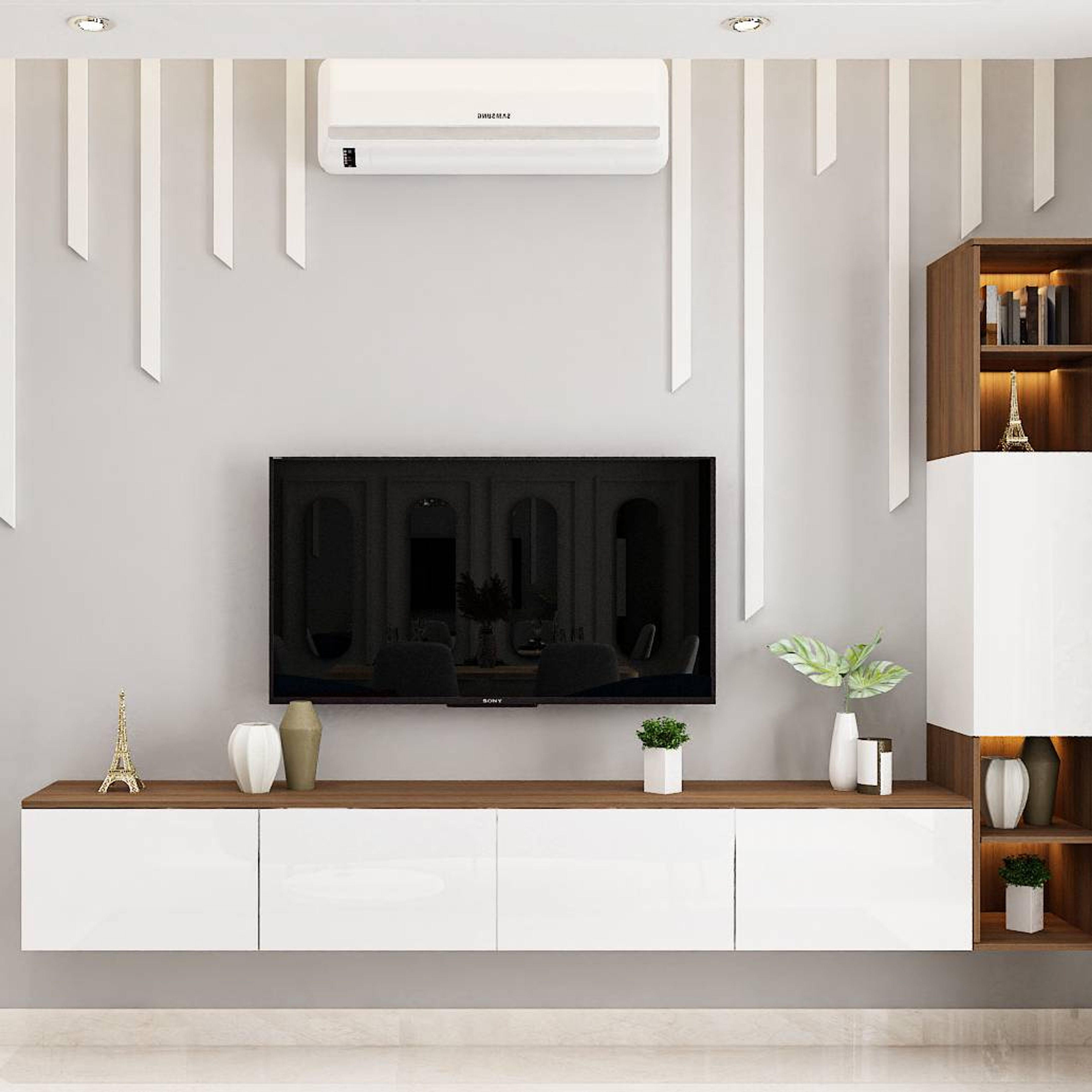 Modern TV Unit Design With White And Wood Finishes | Livspace