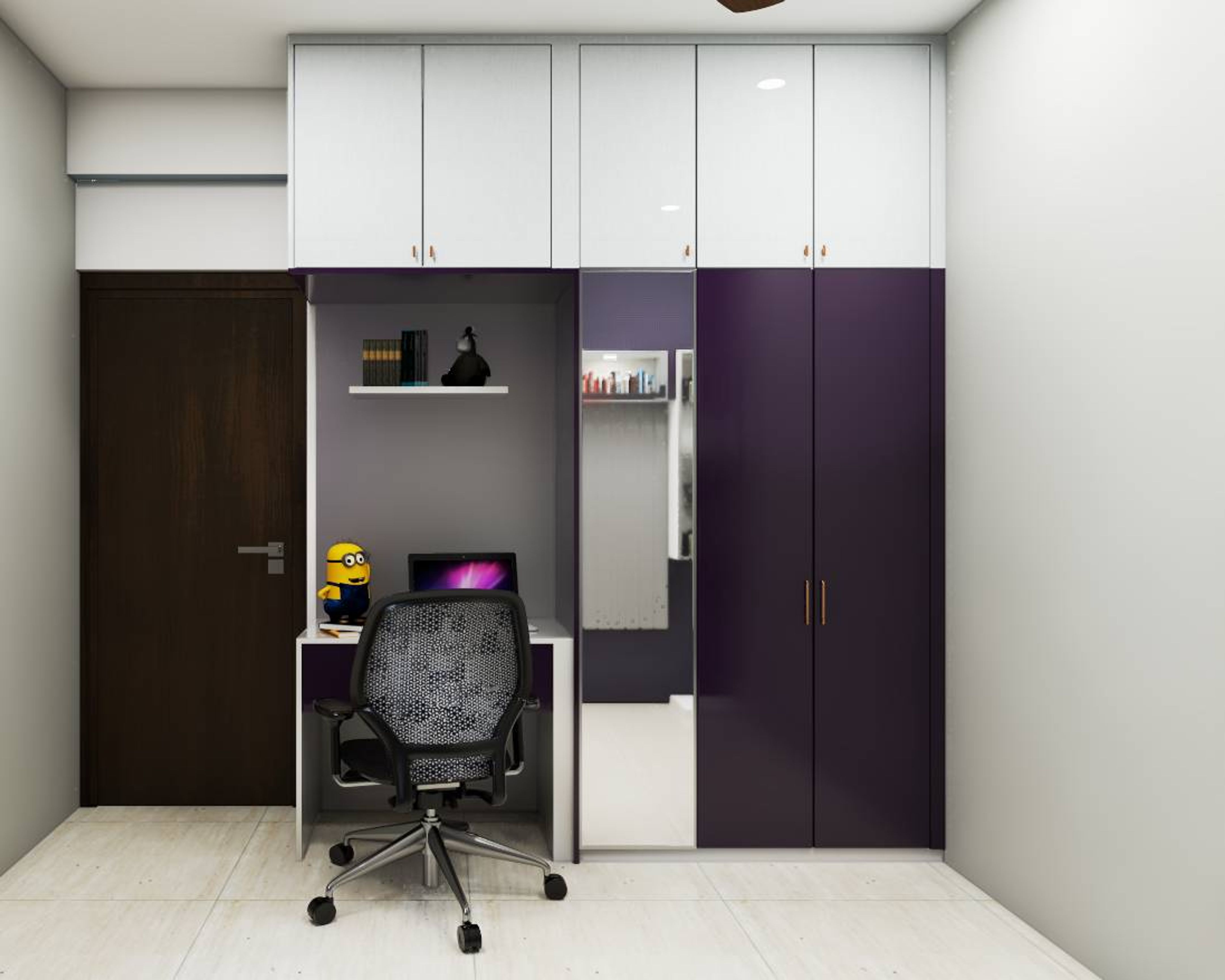Compact Wardrobe Design With Mirror In Purple And White | Livspace