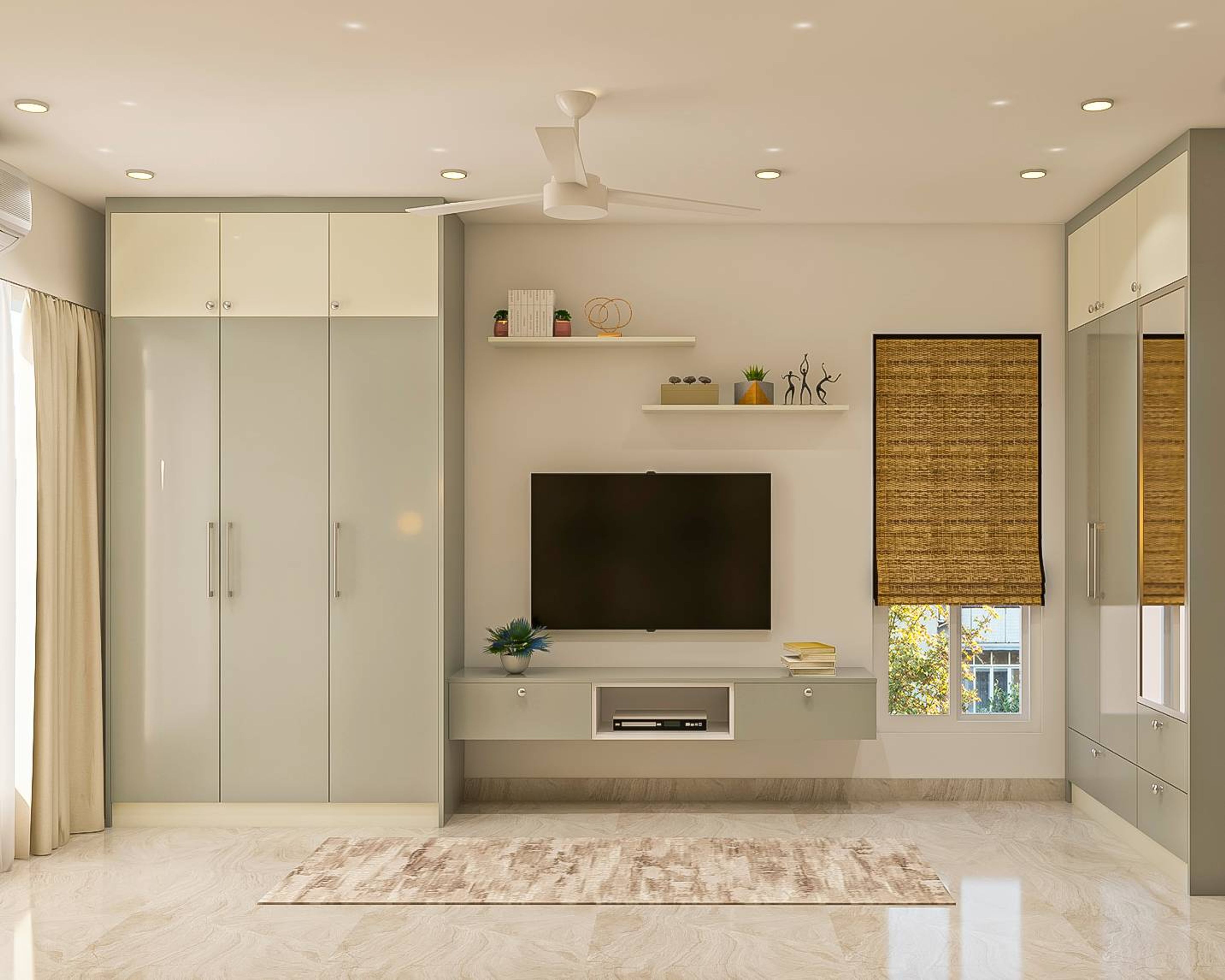 Grey And Cream Wardrobe Design With External Drawers | Livspace