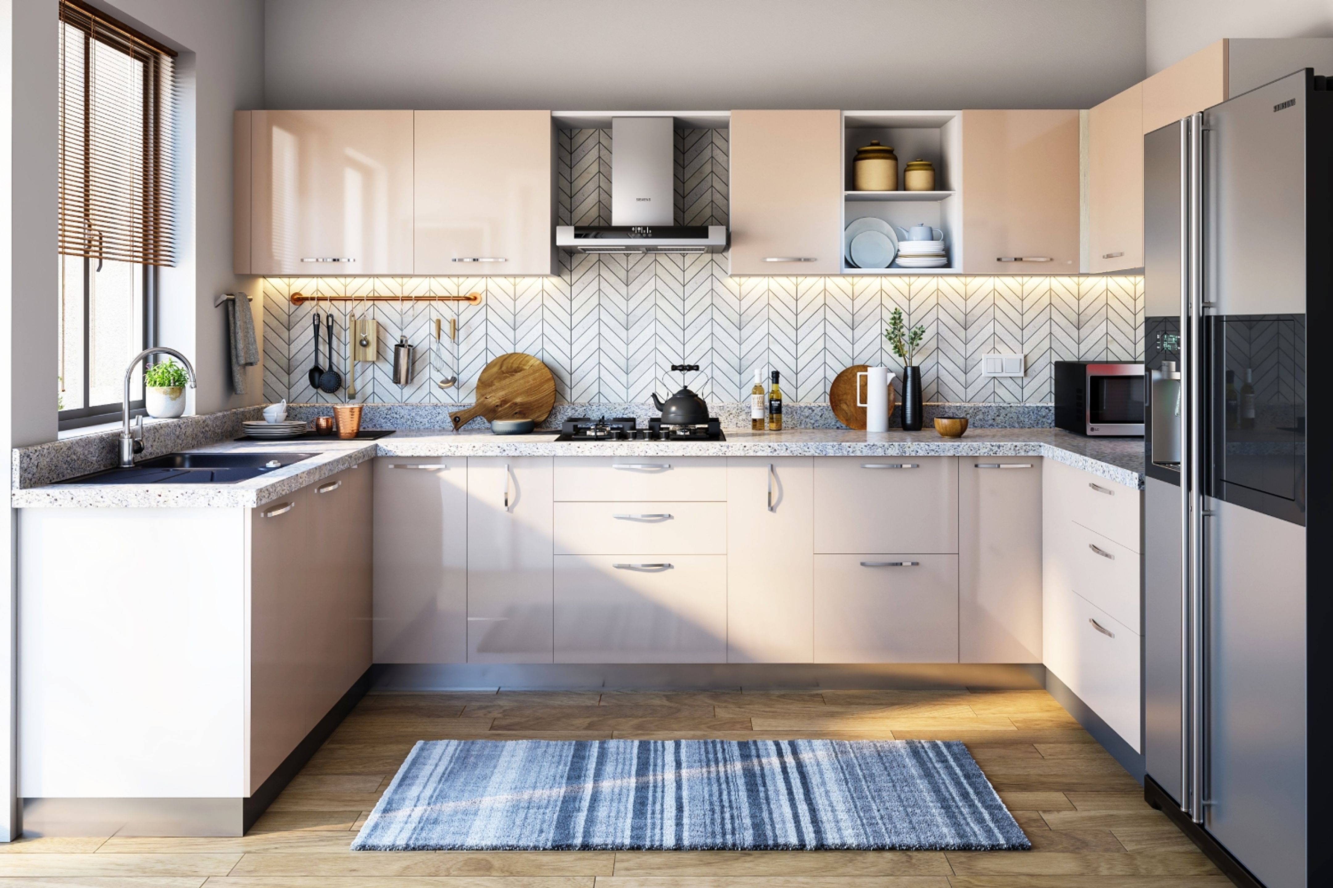 U Shape Modular Kitchen Design With Sand Satin Cabinets | Livspace