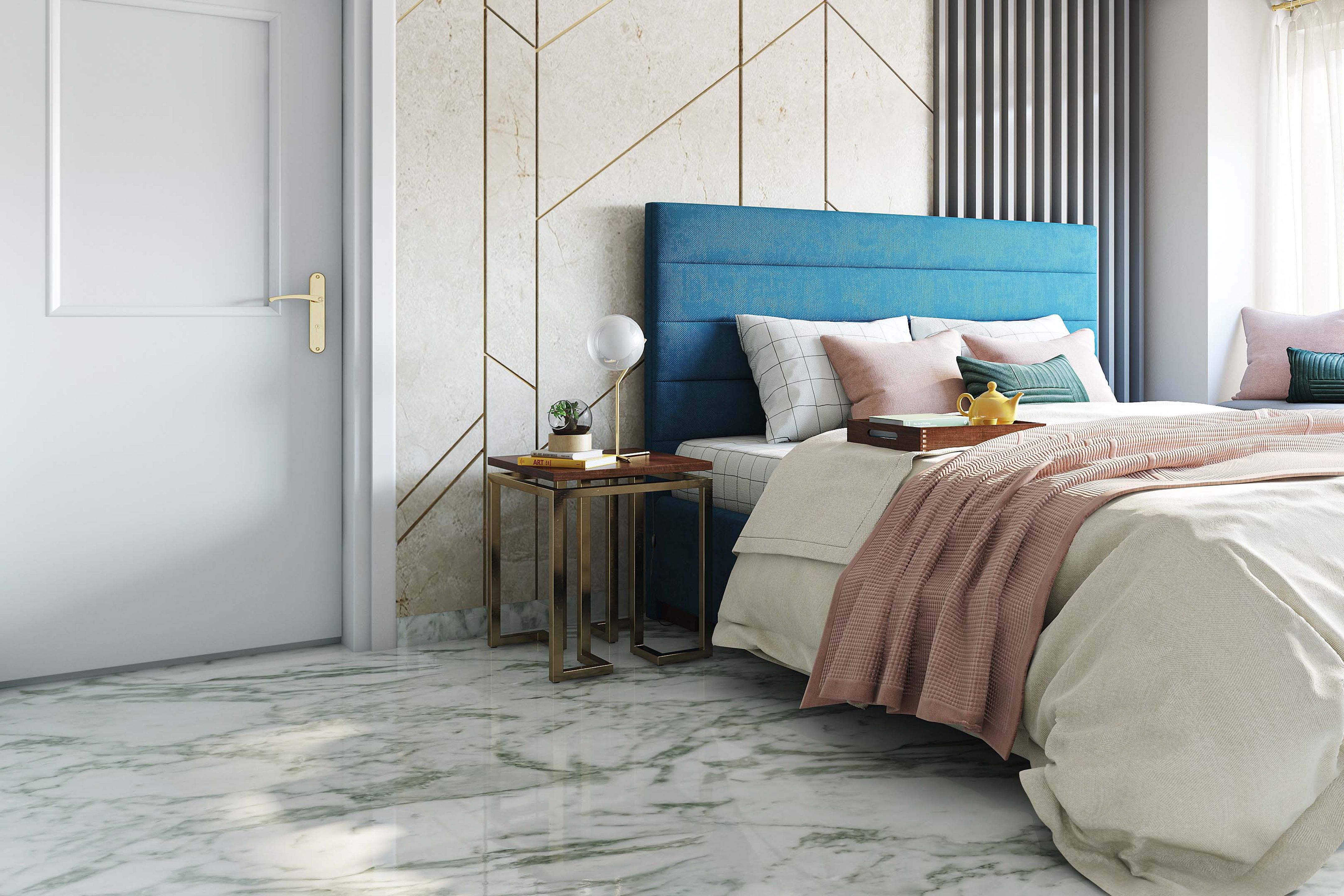 Rectangular White And Green Flooring Design | Livspace