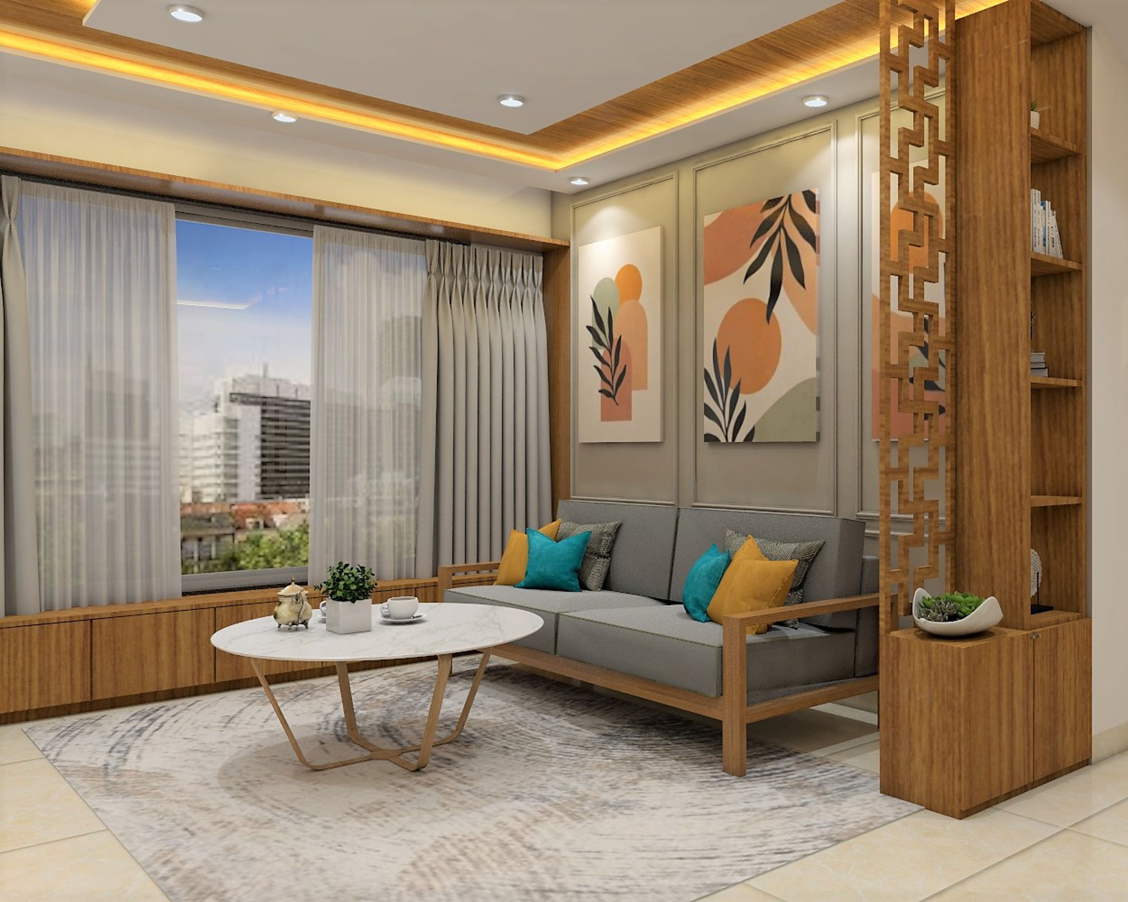 Living Room Design With 2-Seater Grey And Wood Sofa | Livspace