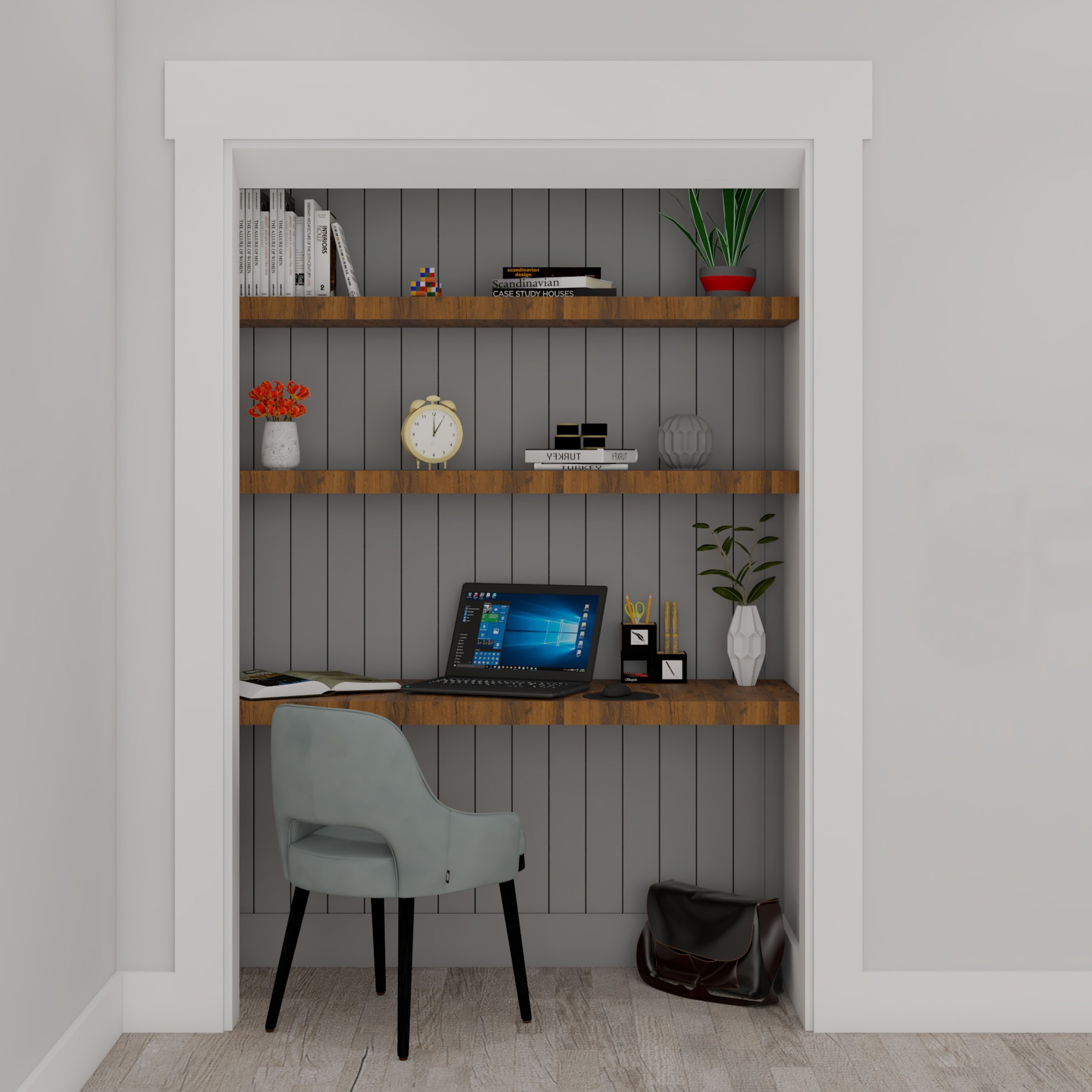 Study Room Design With Wall-Mounted Ledges And Grey Wall Panelling ...
