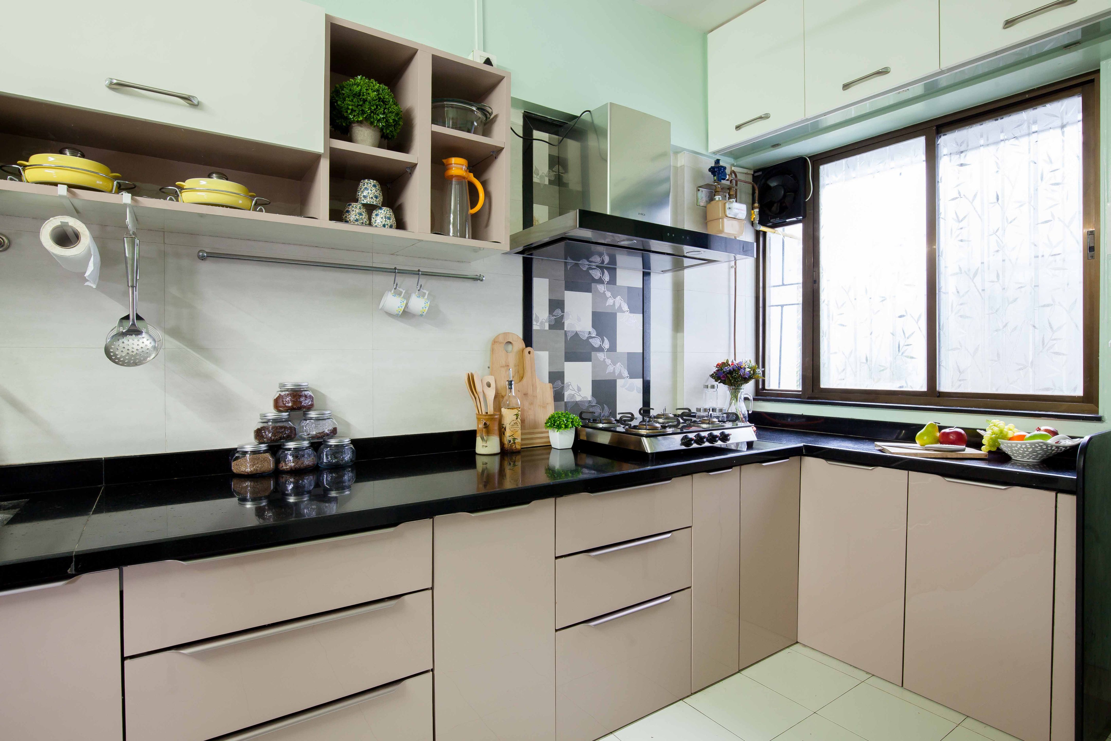 Light Beige And White Modular L Shaped Kitchen Design With Green Walls | Livspace