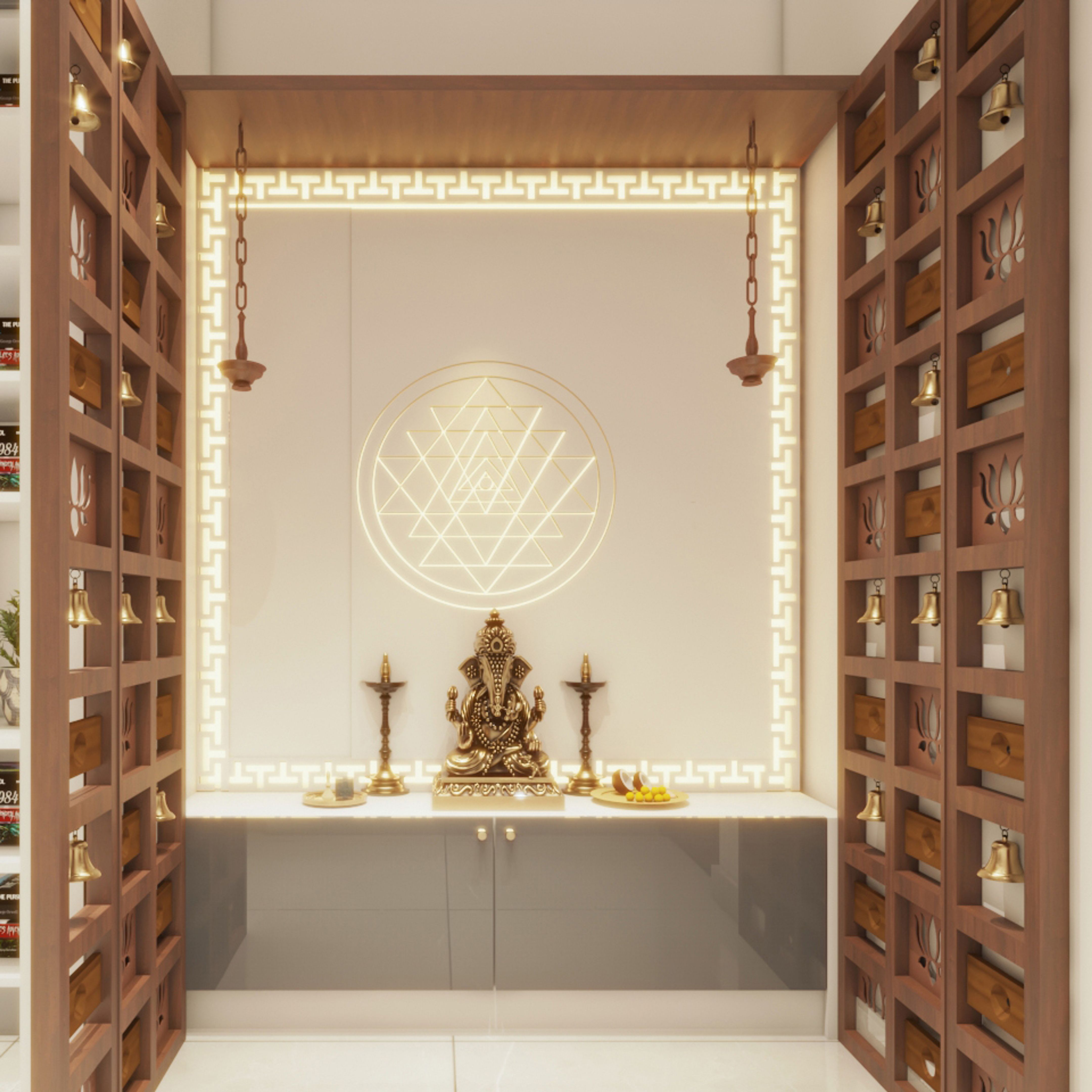 Gothic Grey Floor-Mounted Mandir Design With CNC Partition | Livspace