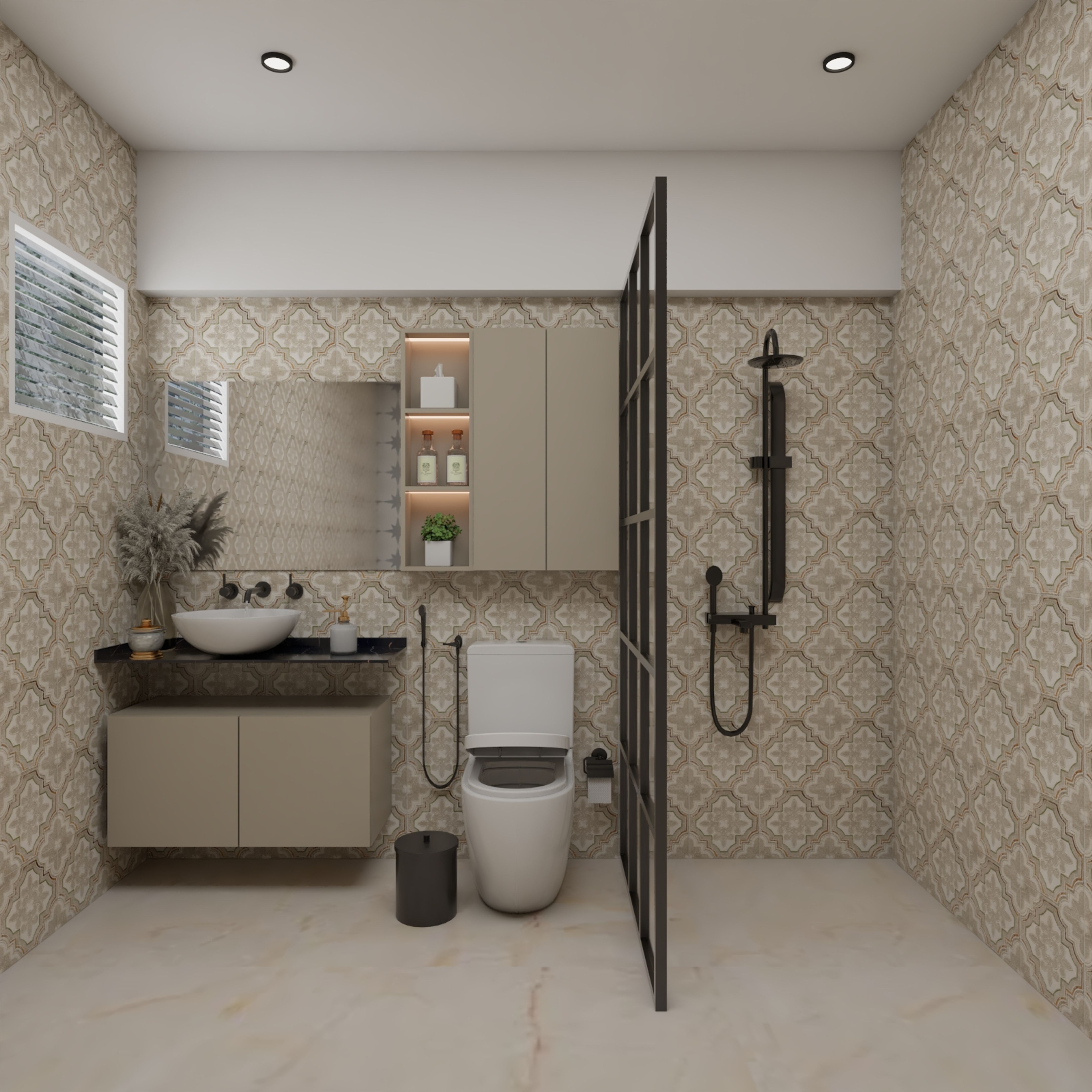 Beige Bathroom Design With Black-Framed Glass Partition | Livspace