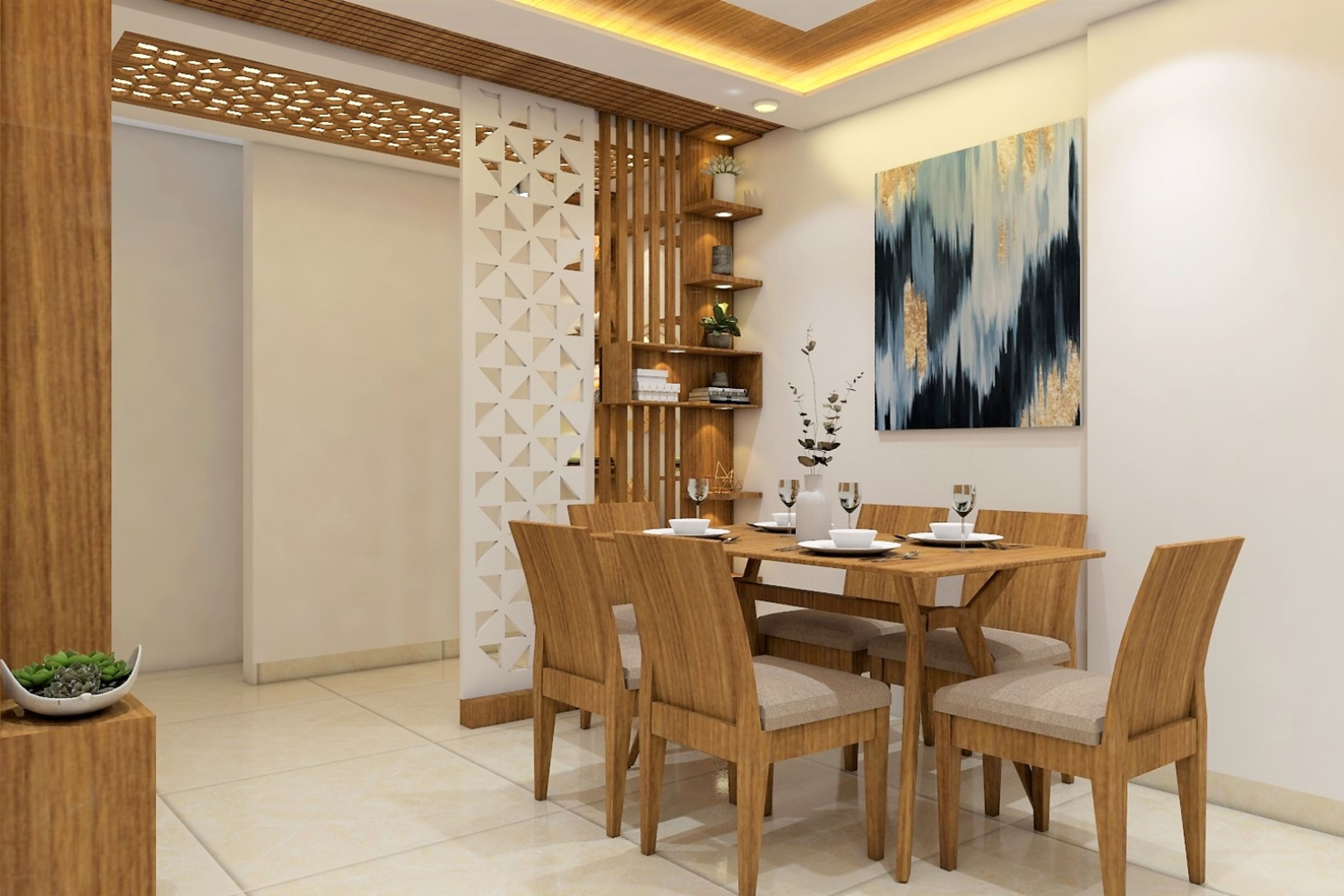6-Seater Wood And Beige Dining Room Design With Open Shelves | Livspace