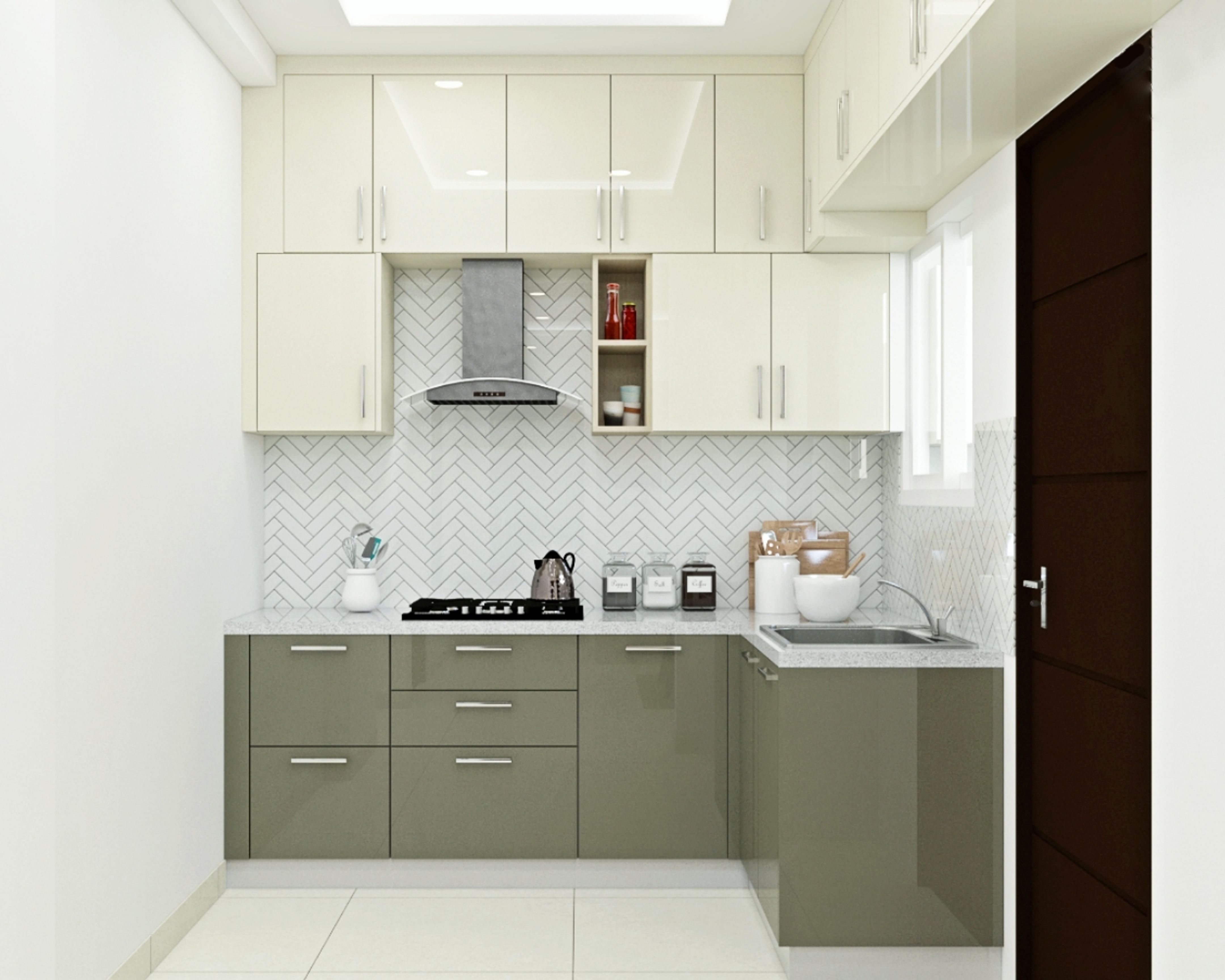 Modular Dark Citrus And Champagne-Toned L Shaped Kitchen Design | Livspace