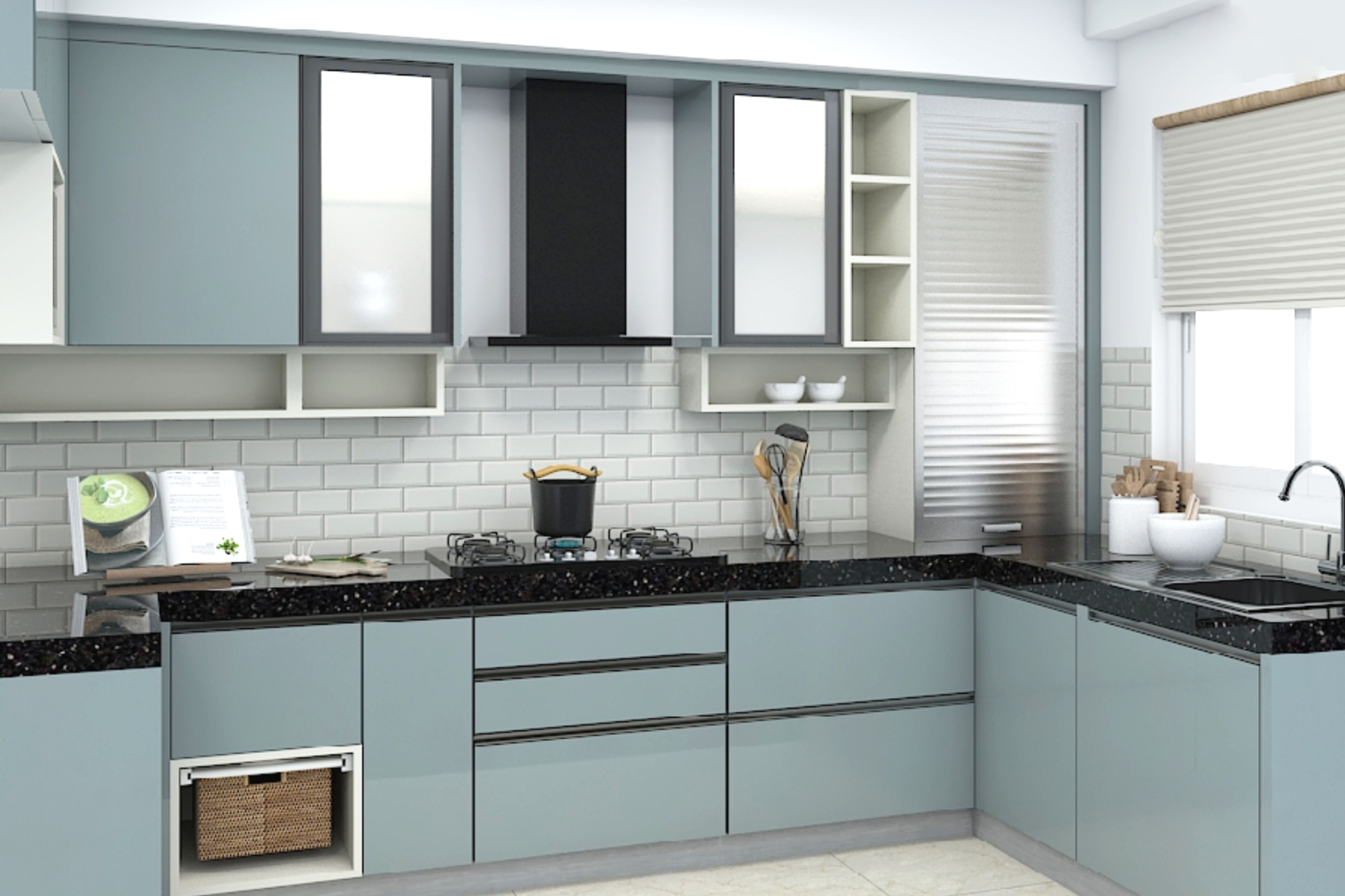 L Shape Kitchen Design With Denim Suedette Cabinets | Livspace