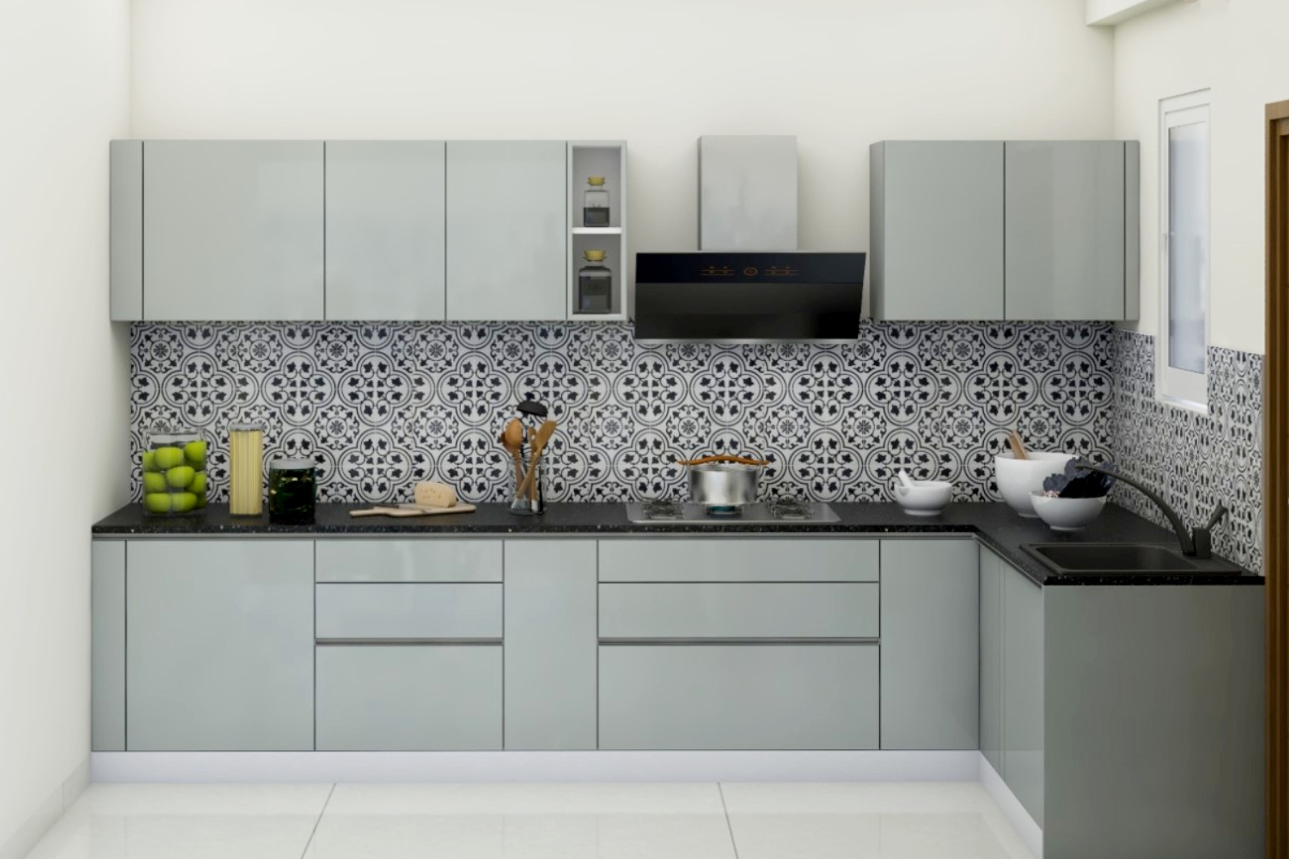 Smoke Grey L Shape Kitchen Design In High Gloss Finish | Livspace