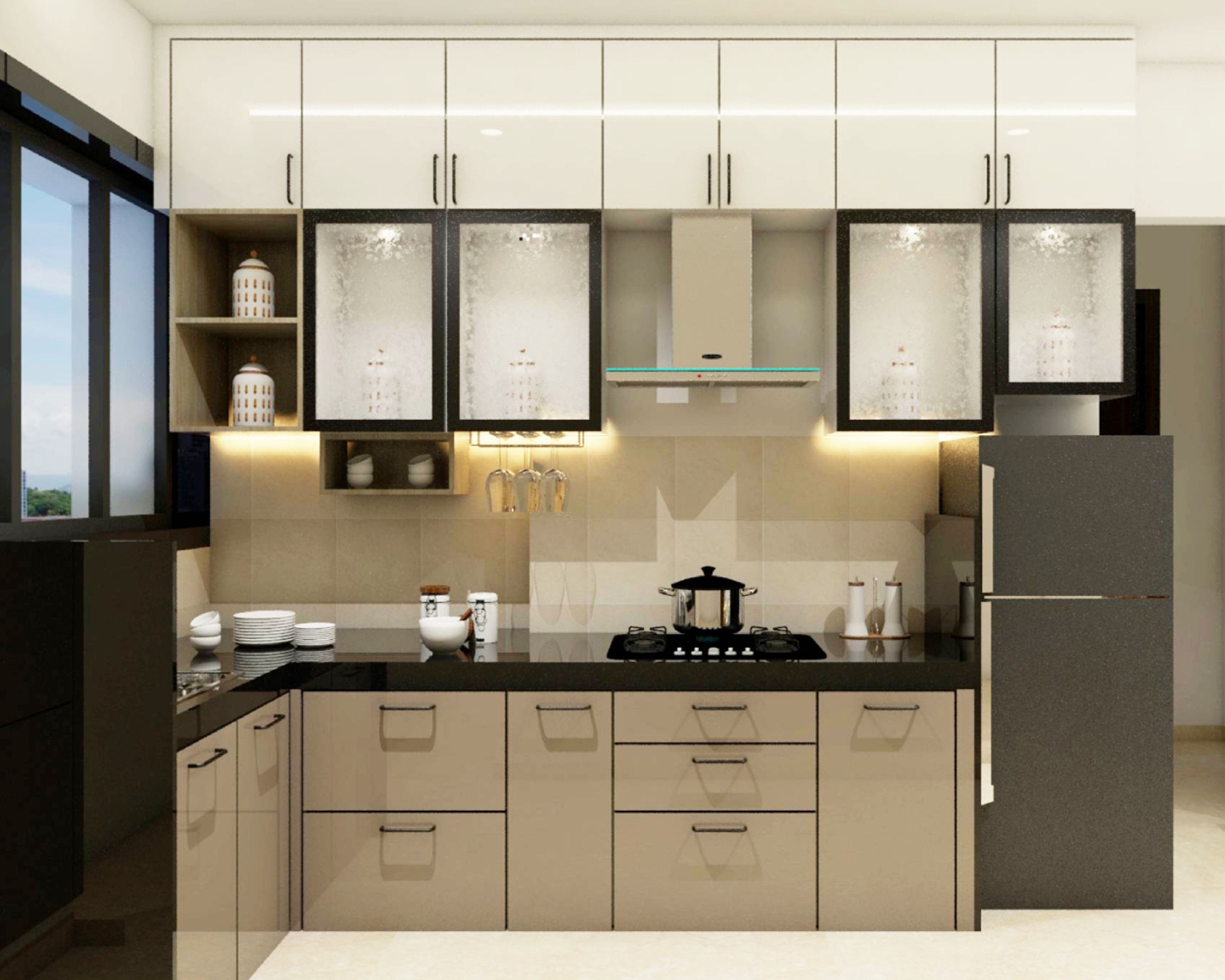 Modular Irish Cream And Champagne-Toned L Shaped Kitchen Design | Livspace