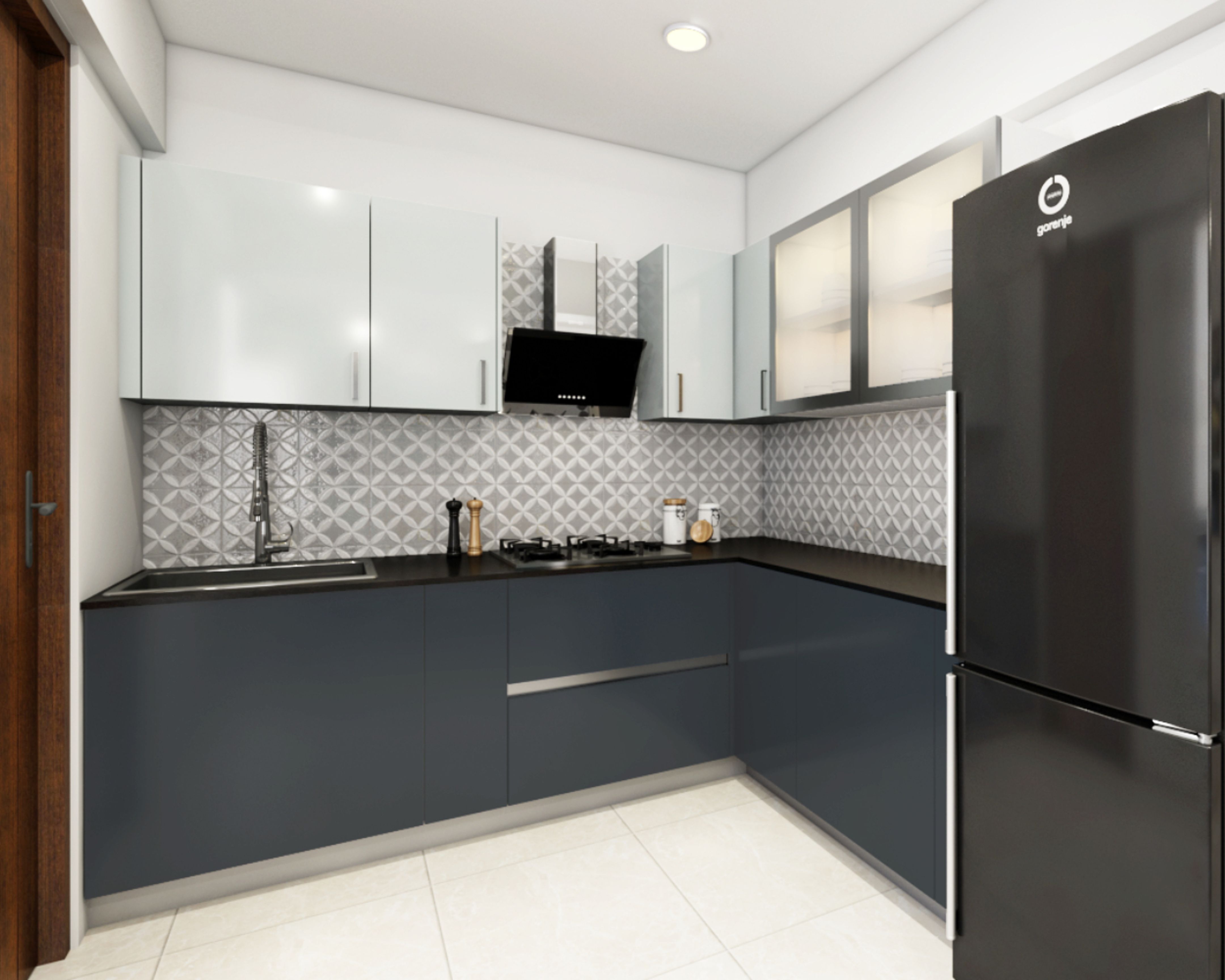 Glossy Grey And White L Shape Kitchen Design With Quartz Countertop ...