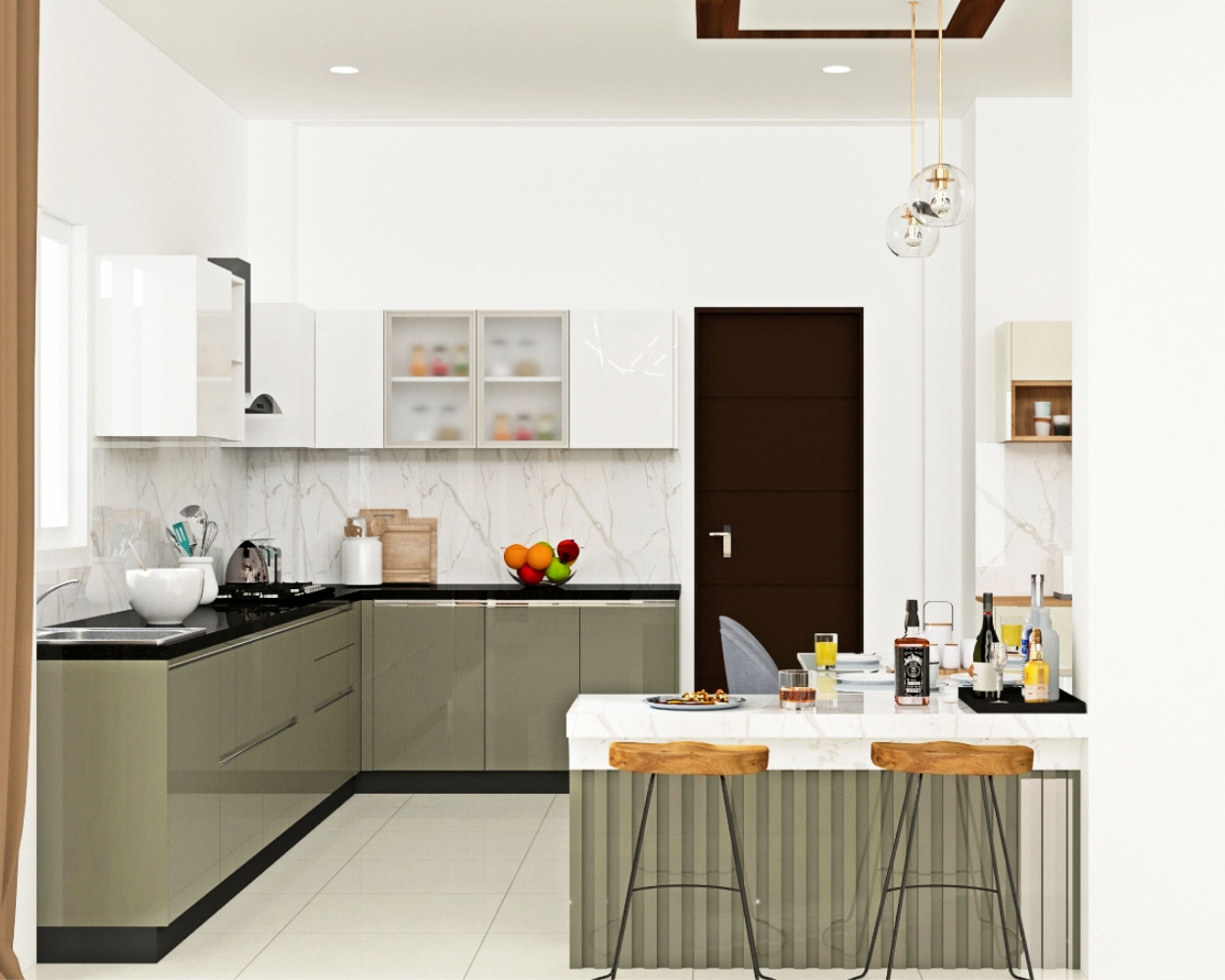 Modular Open Kitchen Design With High-Gloss Green And White Cabinets | Livspace