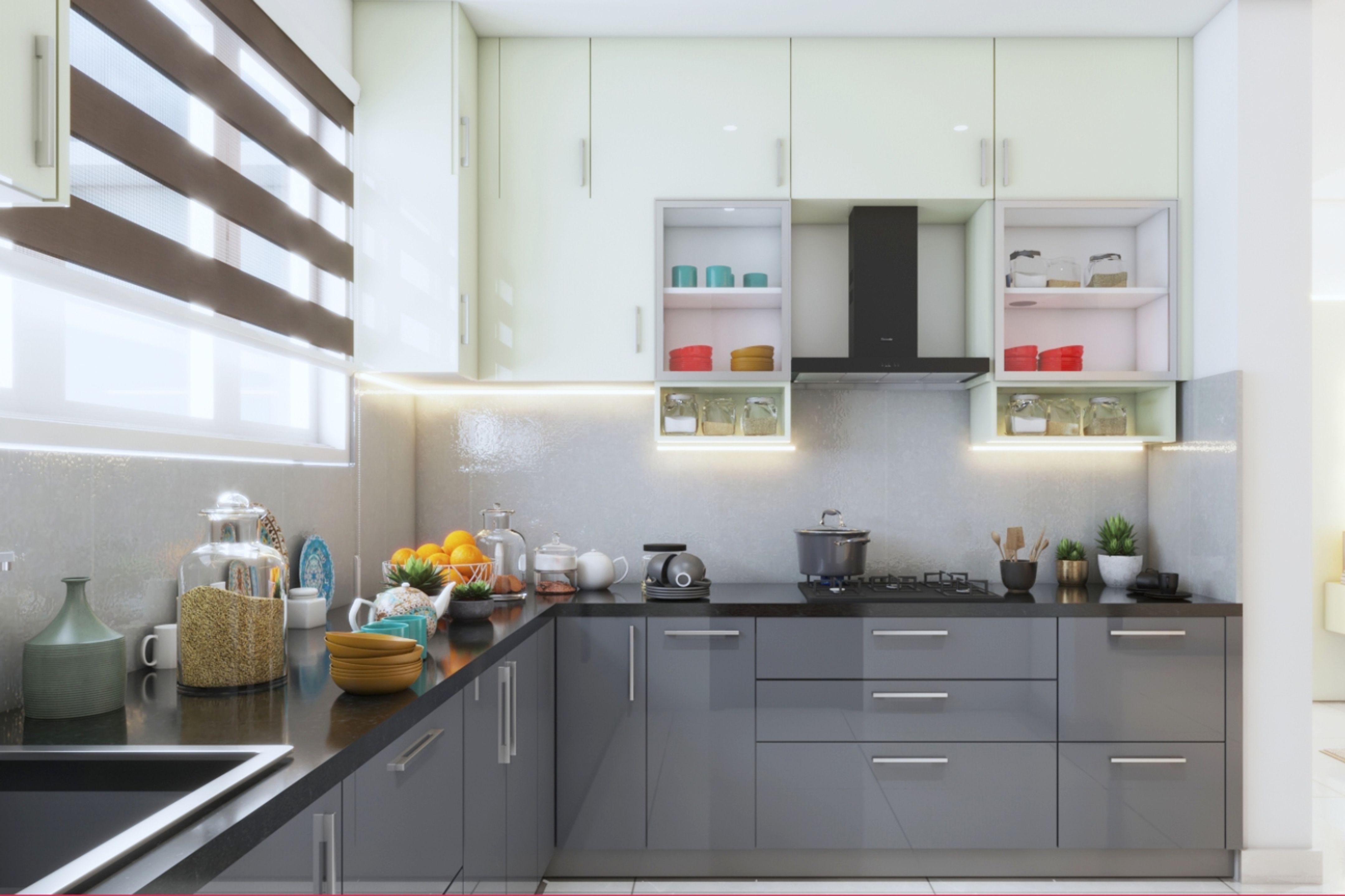 Modular L Shape Kitchen Design With Silver And White Cabinets | Livspace