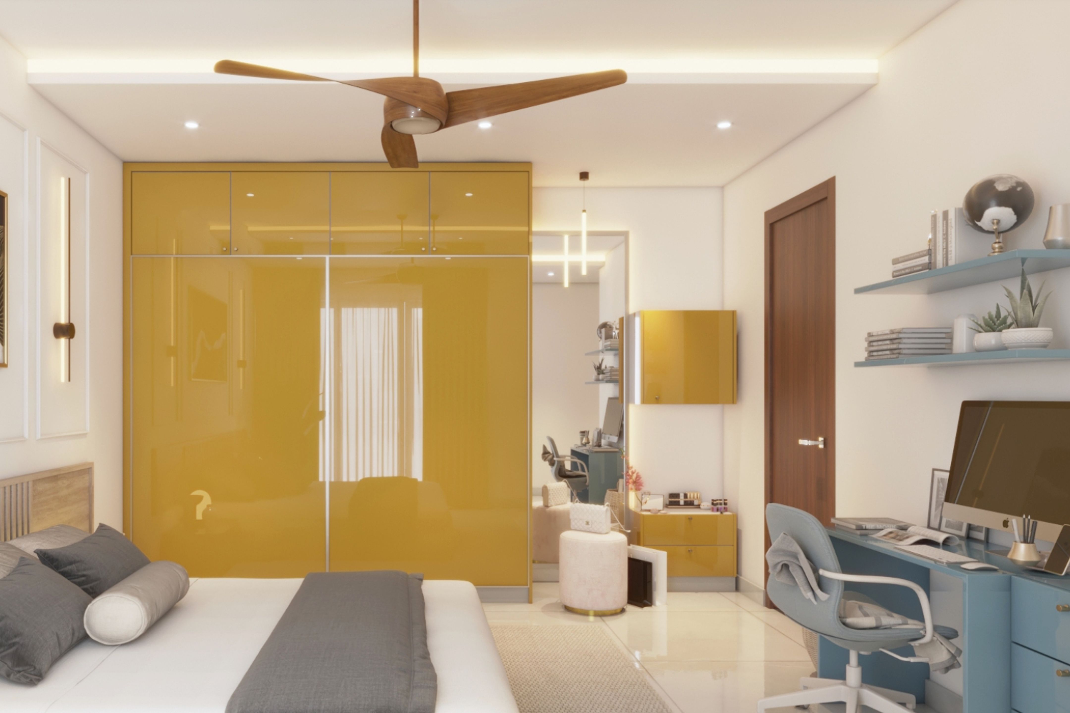Master Bedroom Design With Glossy Mustard Yellow Sliding Wardrobe ...