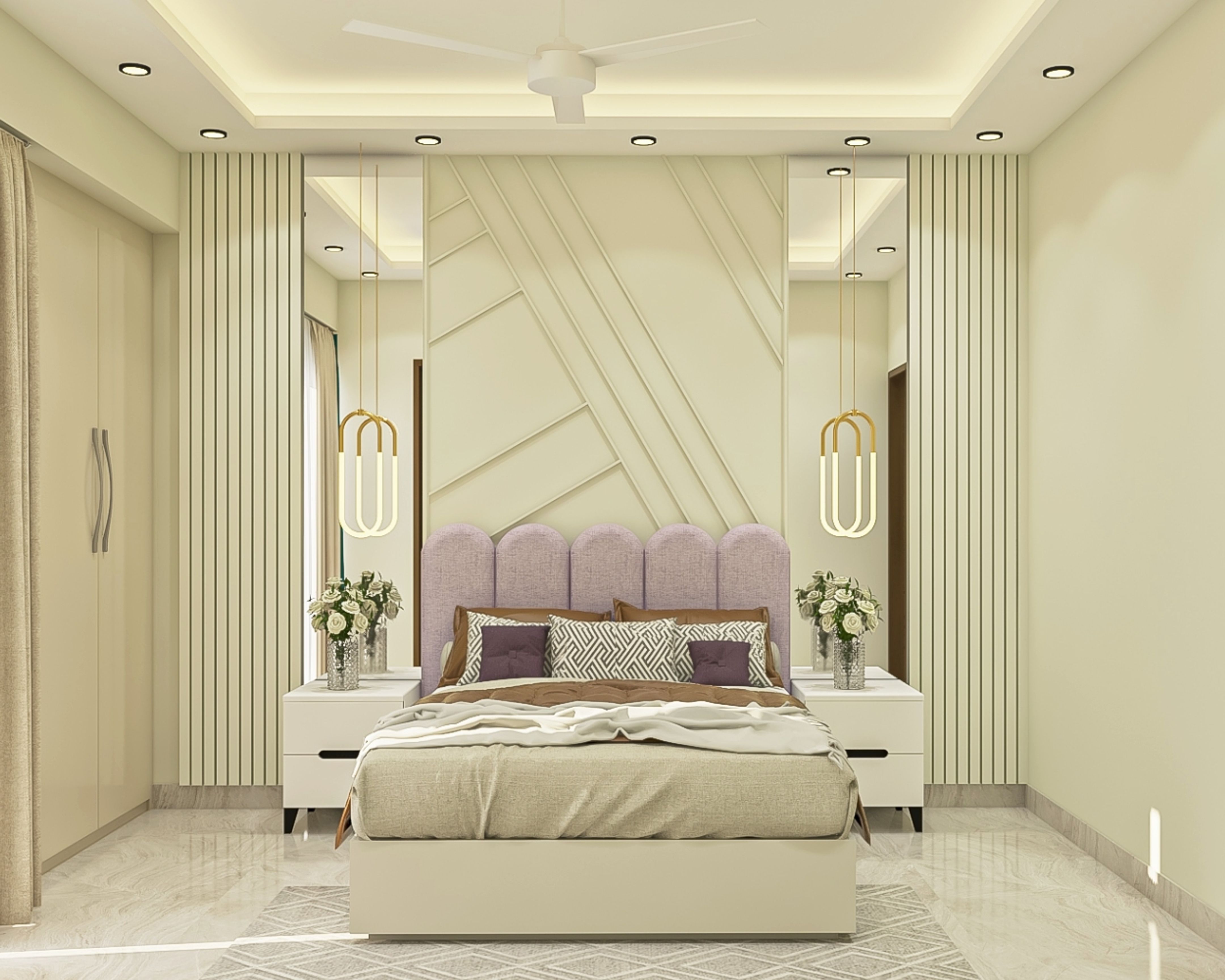 Master Bedroom Design With Ornamental Beige Accent Wall And Mirrors ...