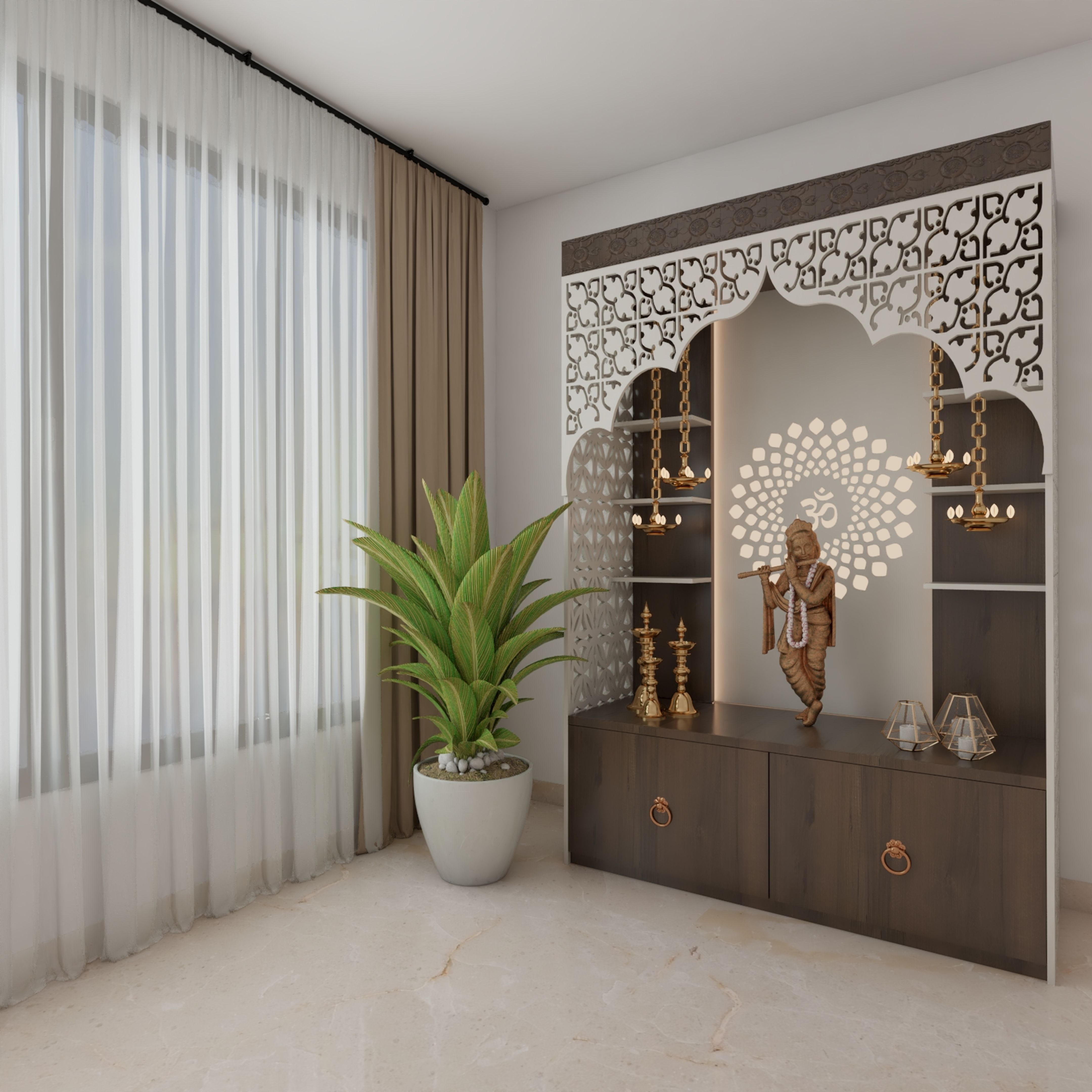 Canadian Walnut Mandir Unit Design With CNC Cut Panels | Livspace