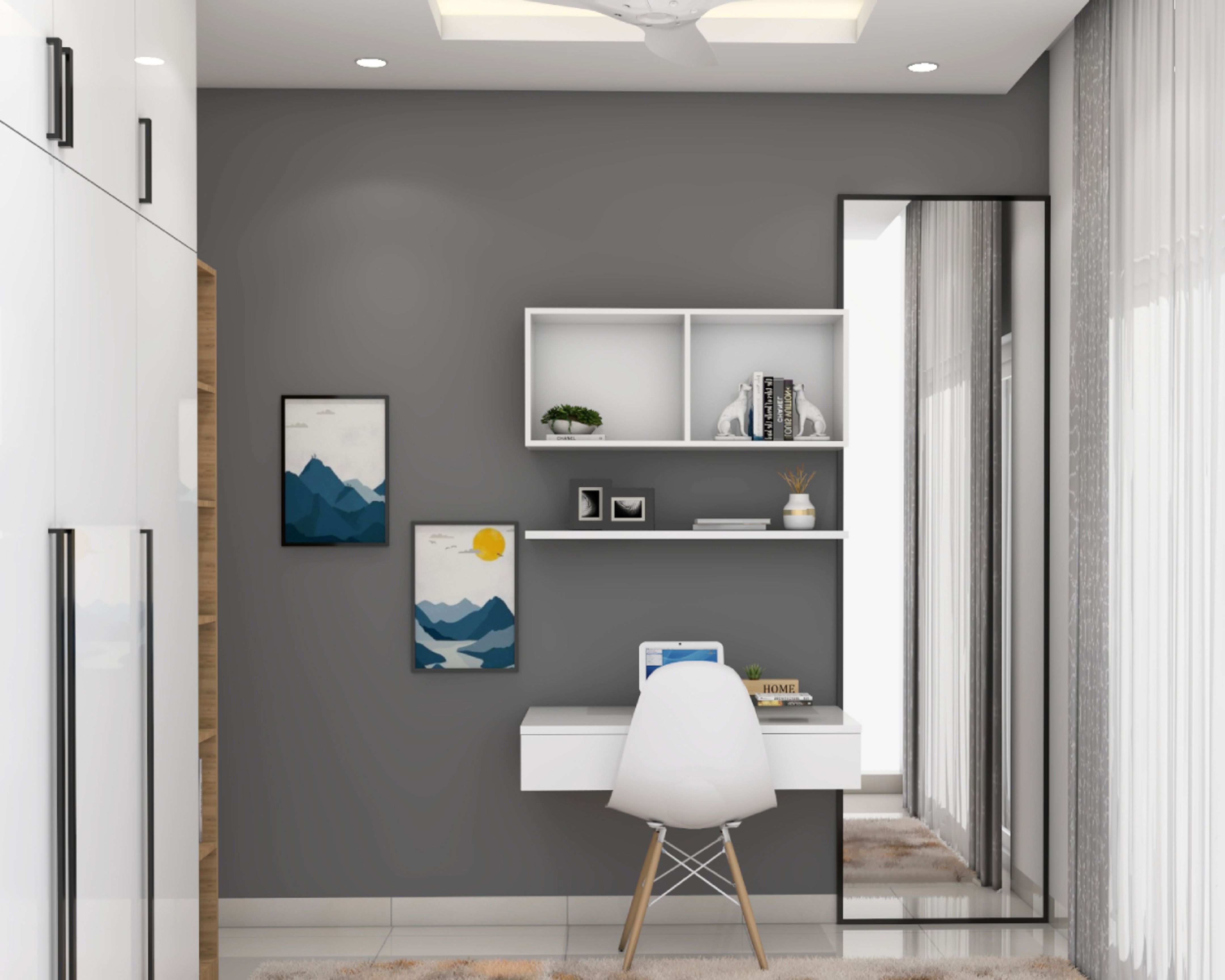 Frosty White Study Room Design With Grey Painted Wall | Livspace