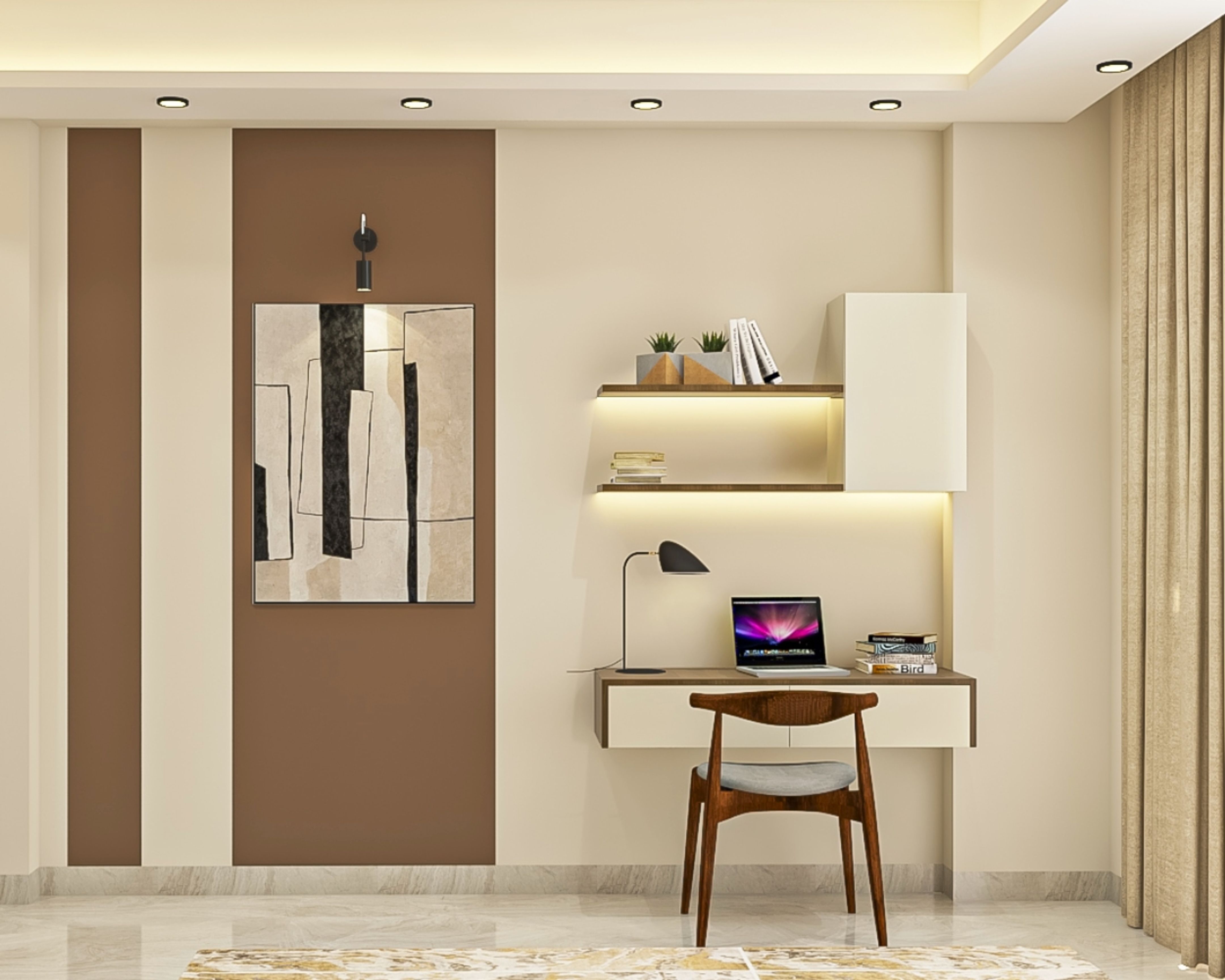 Wood And Champagne-Toned Study Room Design With Armless Wooden Chair ...