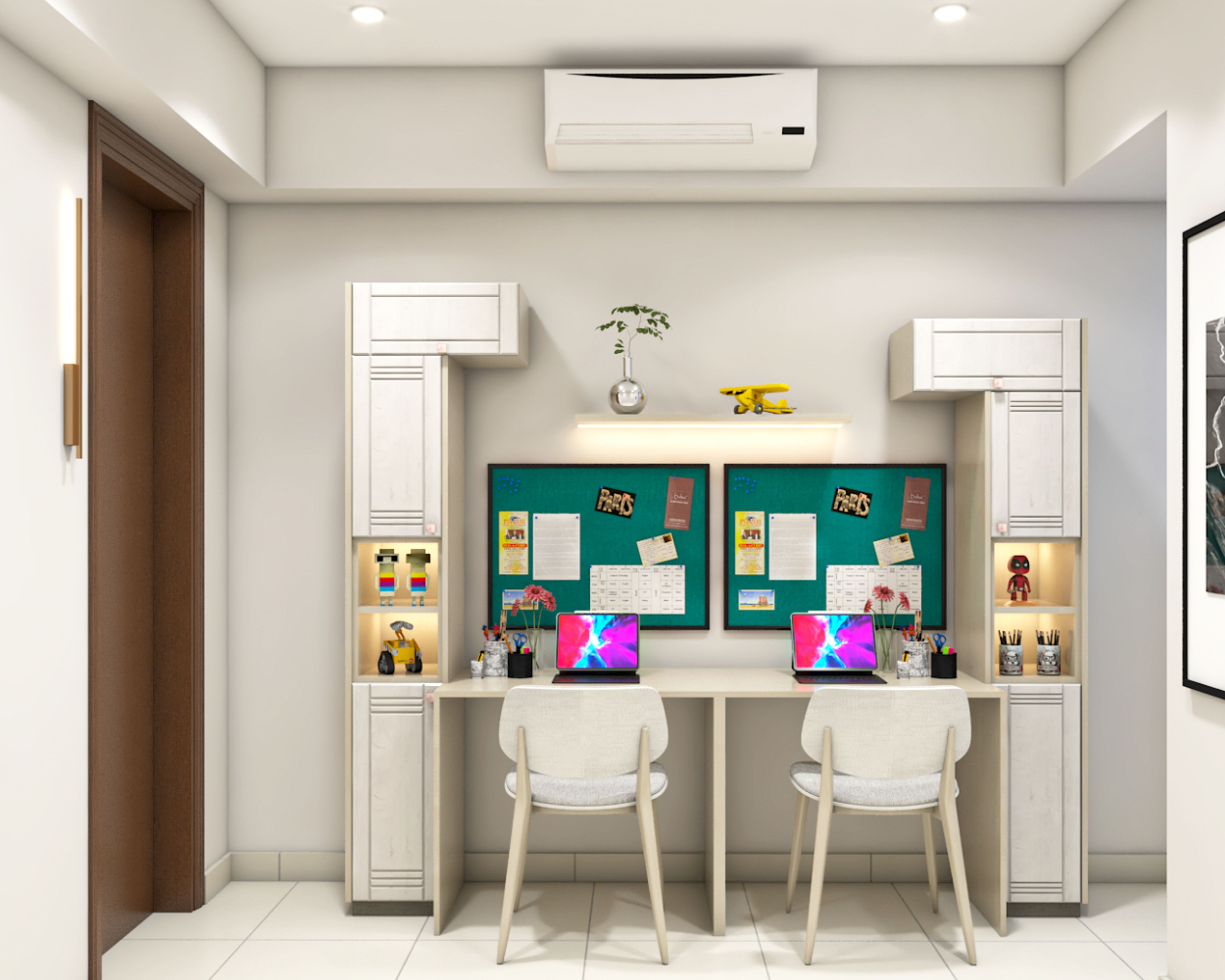 Como White And Frosty White Study Room Design With Open Floating Shelf ...
