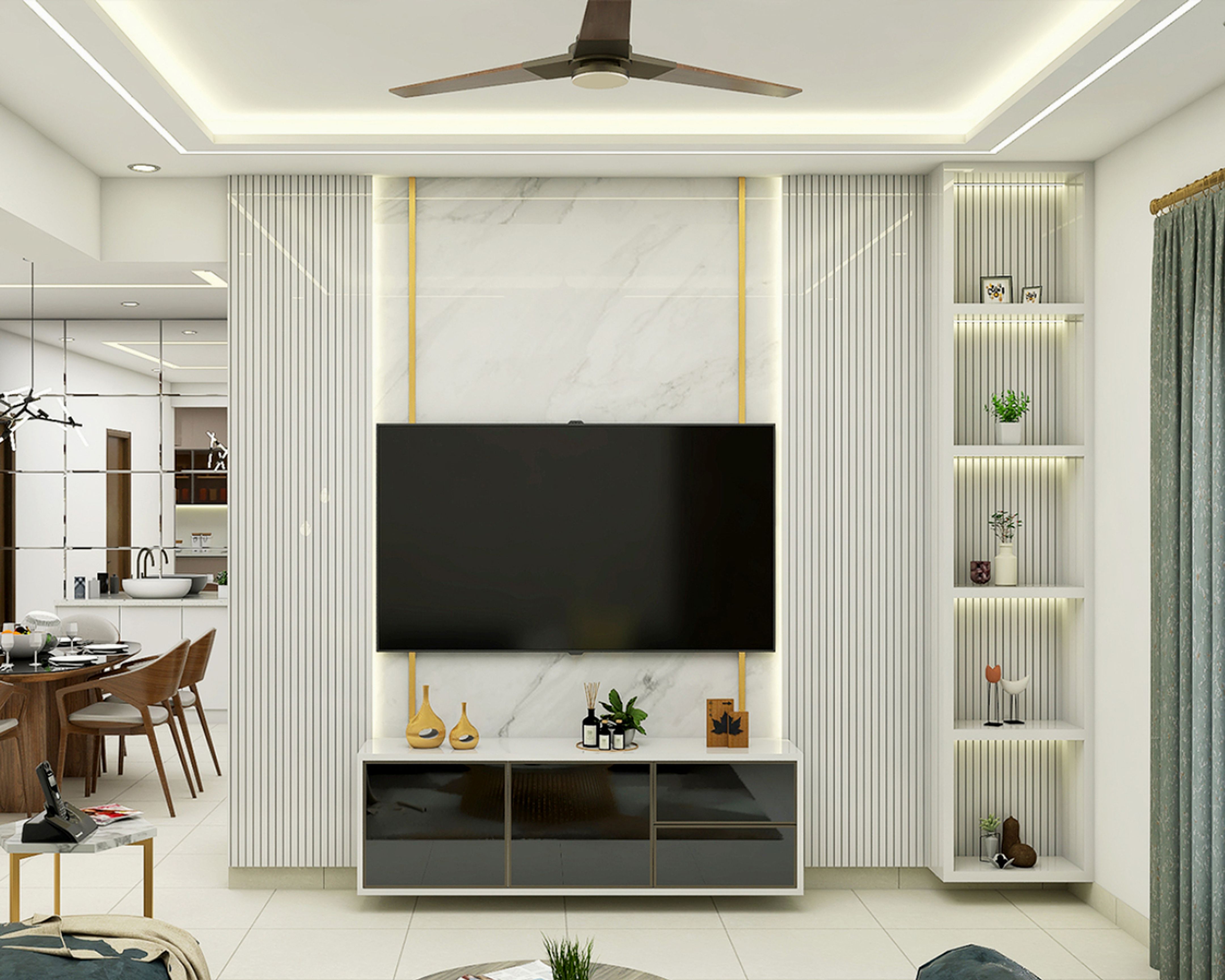 TV Unit Design With White Marble Wall Tile And Fluted Panelling | Livspace