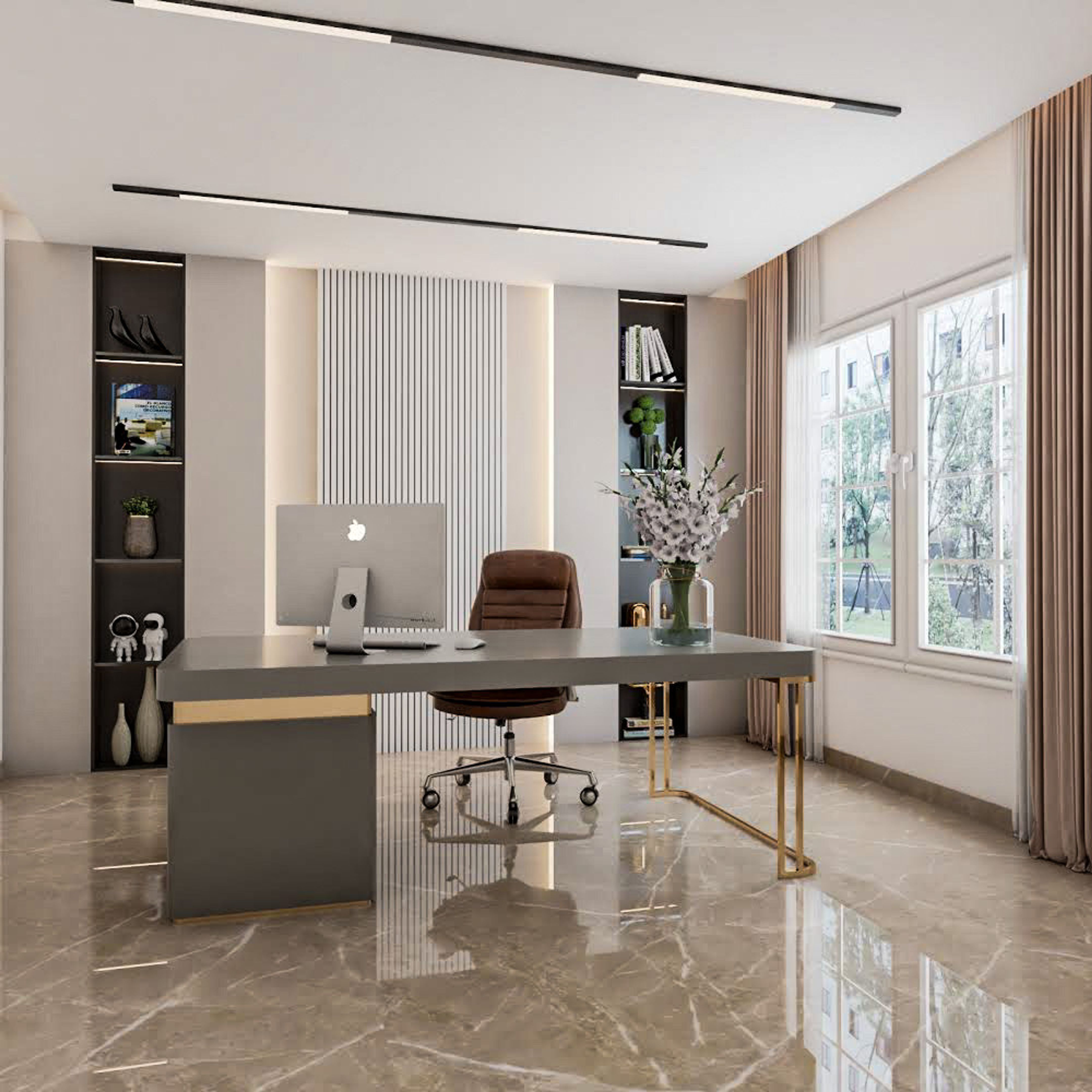 Grey And White Home Office Design With Dark Brown Wall Shelf Units ...