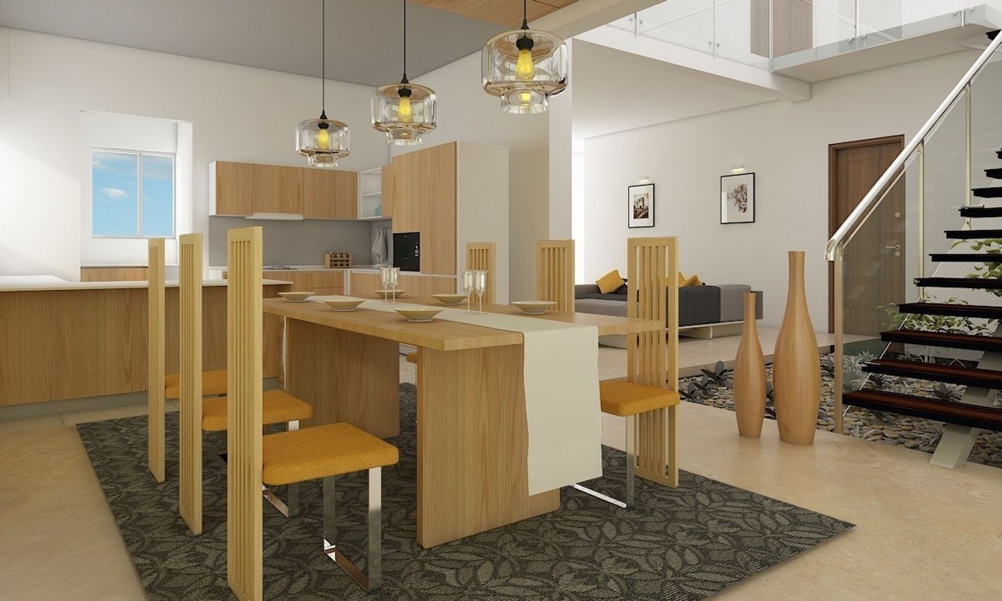 Yellow And Wood 6-Seater Dining Room Design With High-Backed Chairs ...