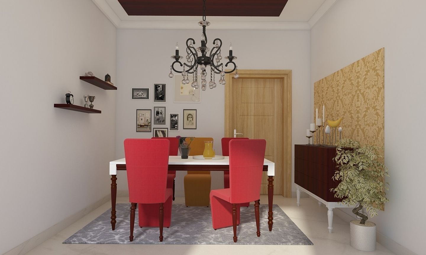 Crimson And Yellow 6-Seater Dining Room Design | Livspace